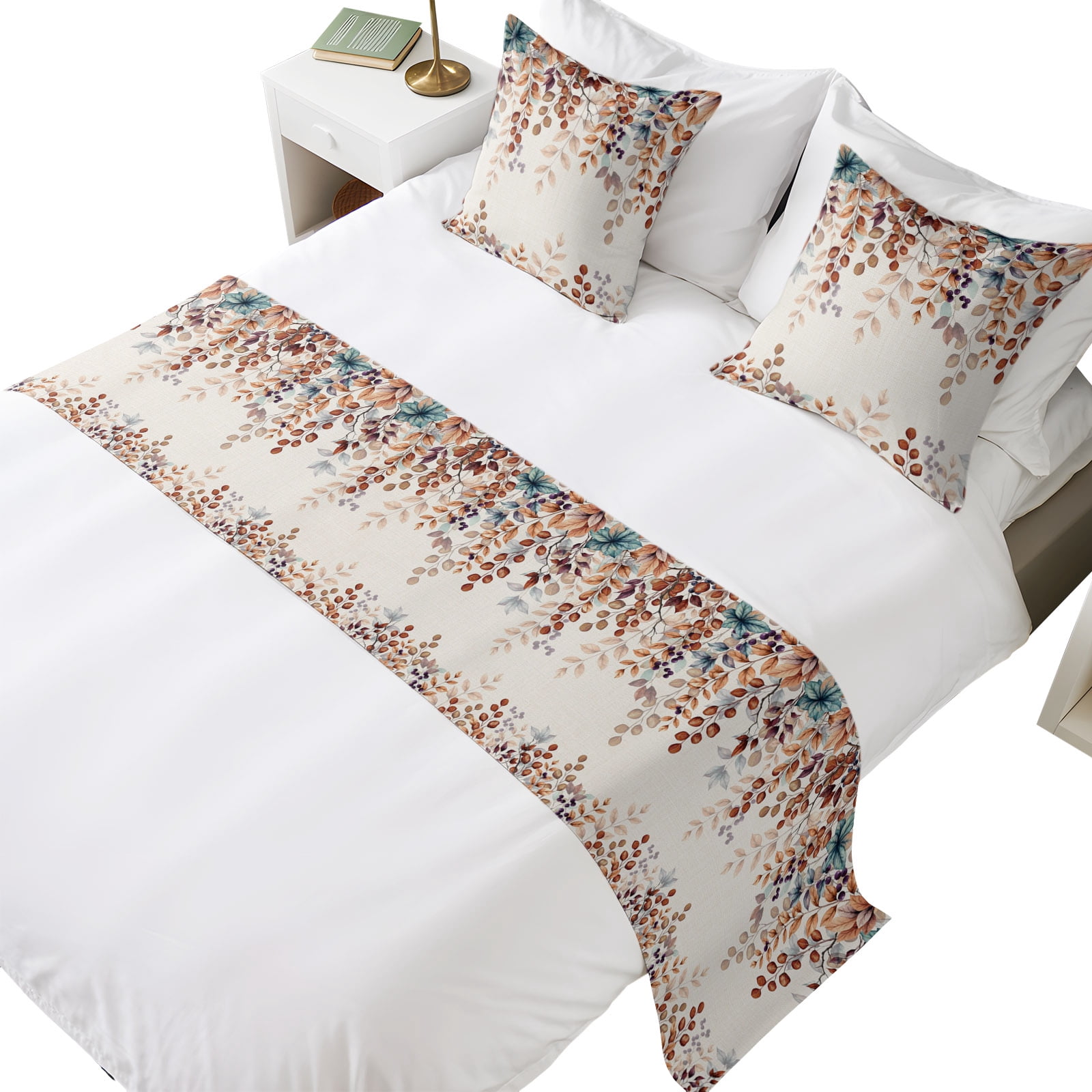 Bed Runner for Cal King Size Bed, Orange Eucalyptus Leaves 3 Pcs ...