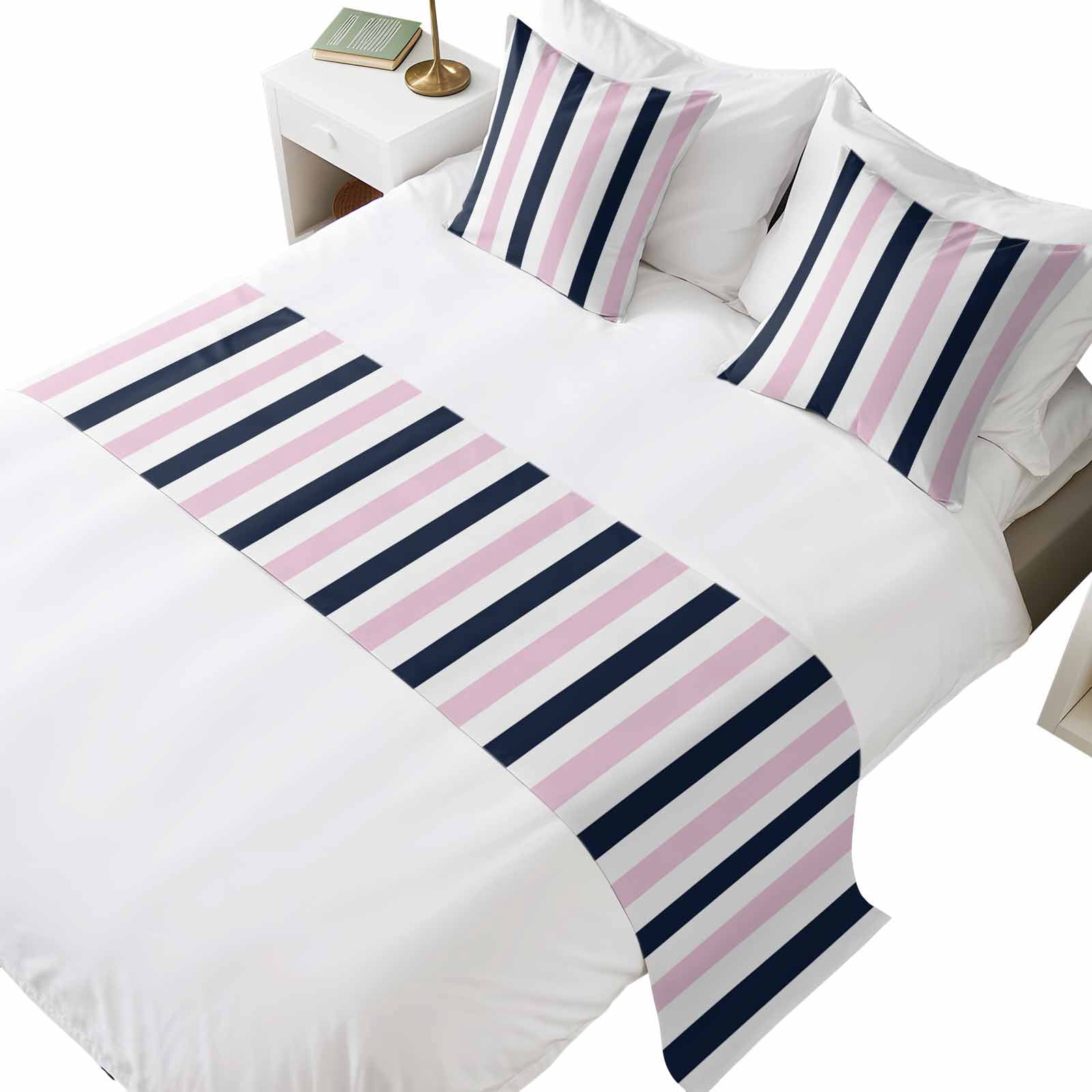 Bed Runner for Cal King Size Bed, Pink Navy Blue Striped 3 Pcs Bedding ...