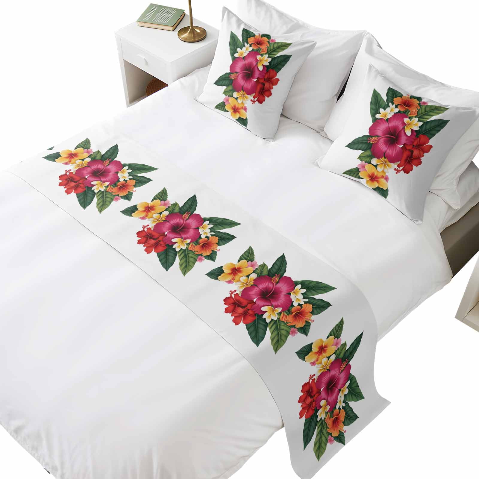 Bed Runner for Cal King Size Bed, Pink Red Yellow Hibiscus 3 Pcs ...