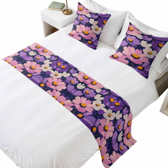 Bed Runner for Cal King Size Bed, Purple Spring Floral 3 Pcs Bedding ...