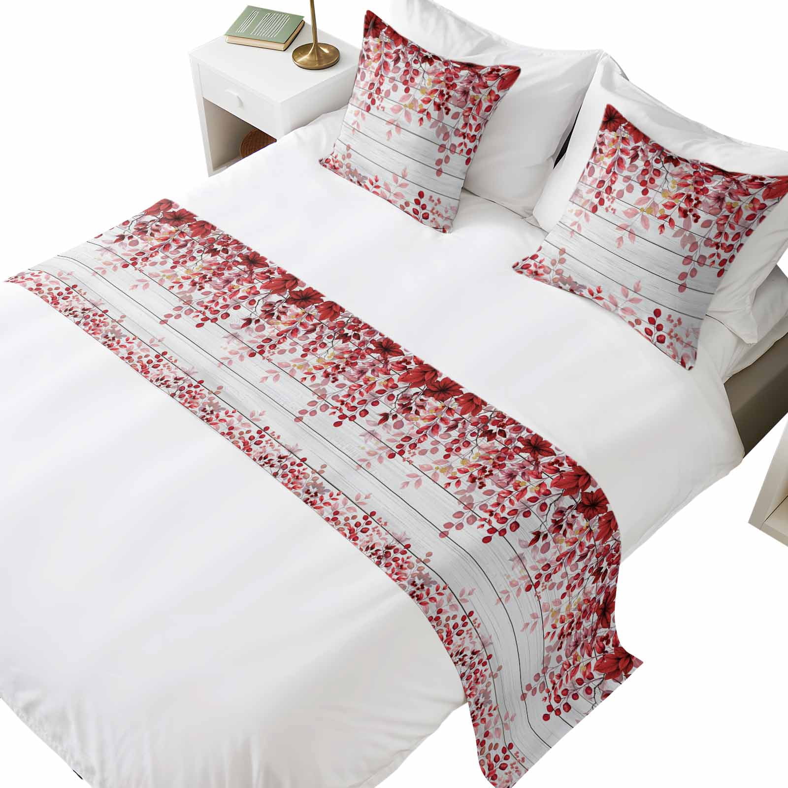Bed Runner for Cal. King Size Bed, Red Eucalyptus Leaves Decorative ...