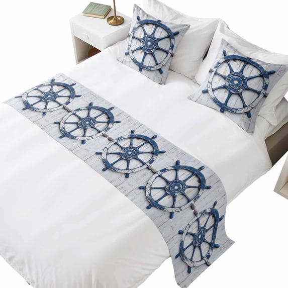 Bed Runner for Cal King Size Bed, Retro Rudder Coastal 3 Pcs Bedding ...