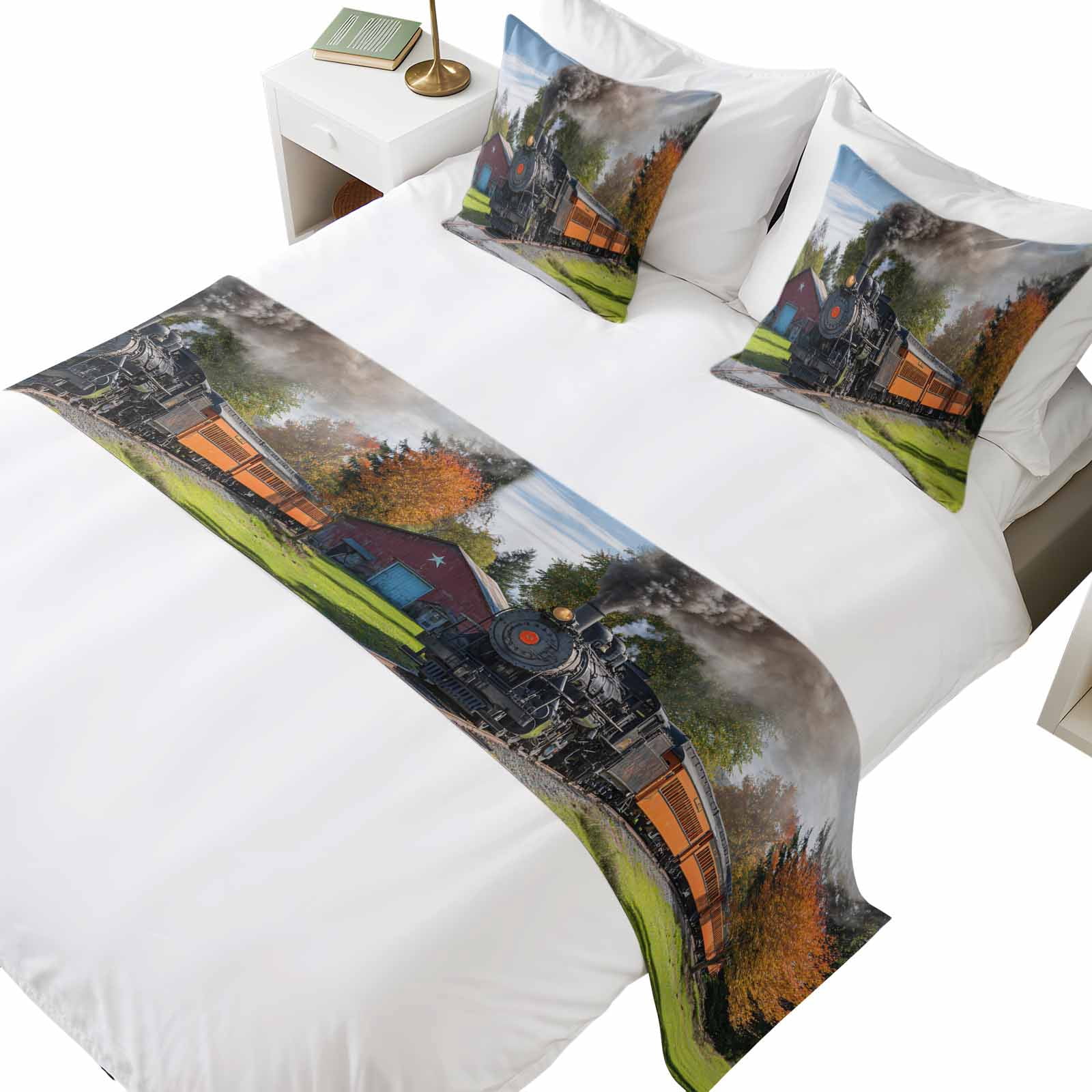 Bed Runner for Cal King Size Bed, Steam Train 3 Pcs Bedding Runner Set ...