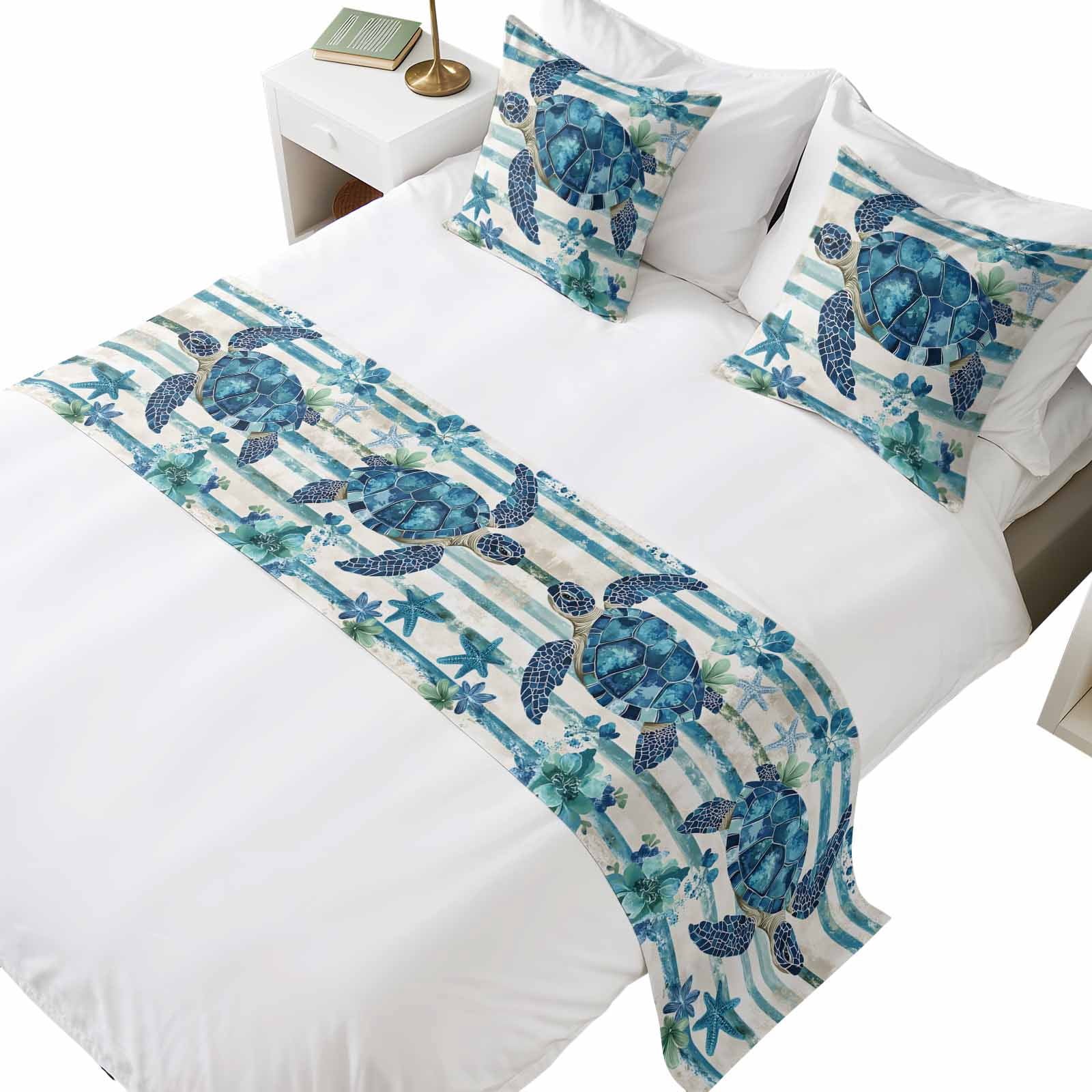 Bed Runner for Cal King Size Bed, Teal Blue Turtle Coastal 3 Pcs ...