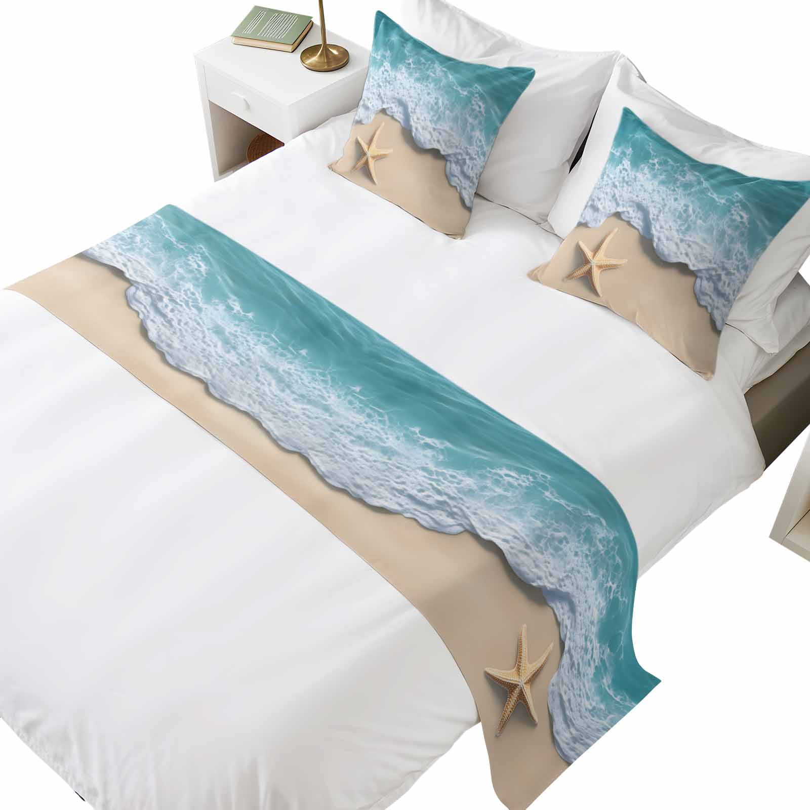 Bed Runner for Cal King Size Bed, Teal Coastal 3 Pcs Bedding Runner Set ...