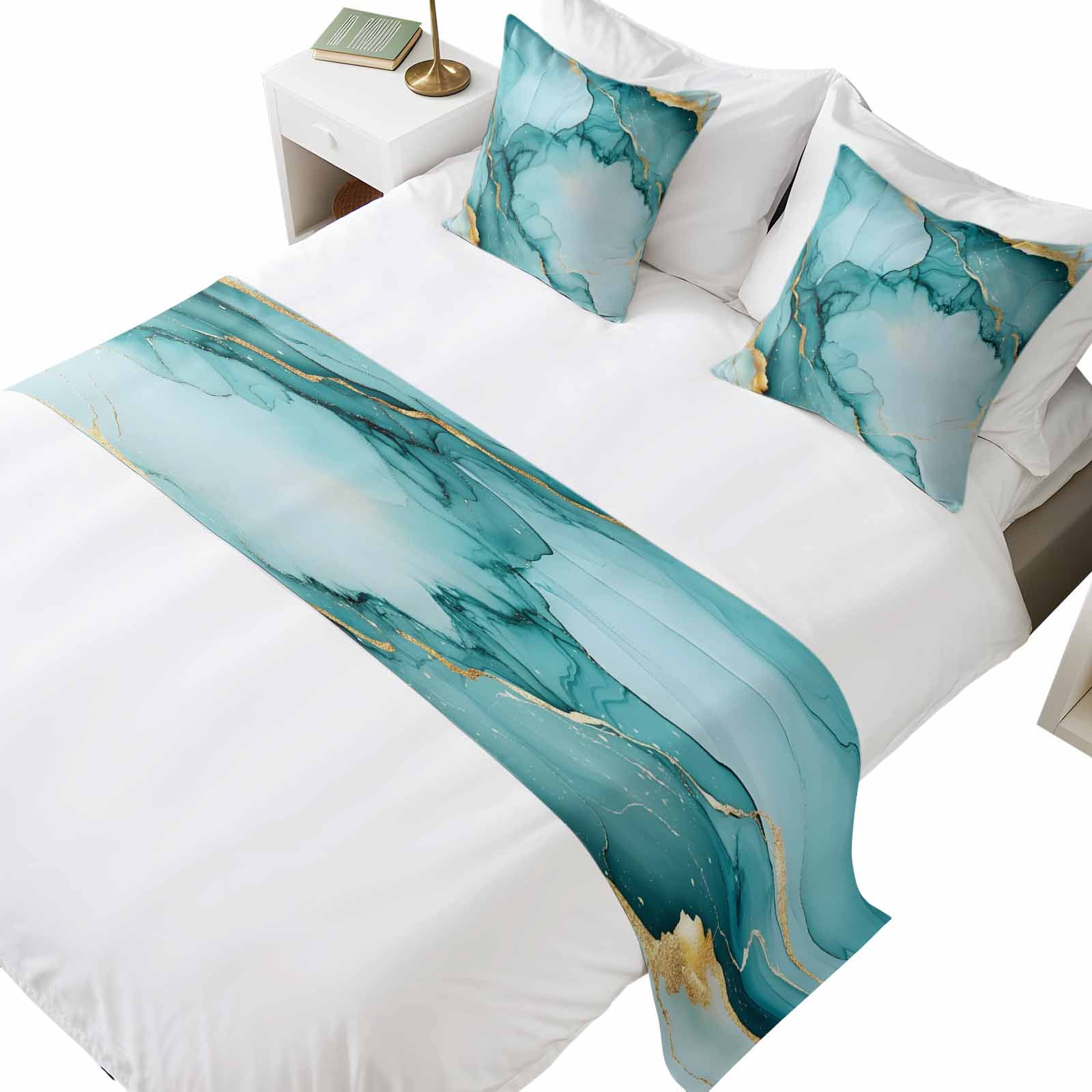 Bed Runner for Cal King Size Bed, Teal Marble 3 Pcs Bedding Runner Set ...