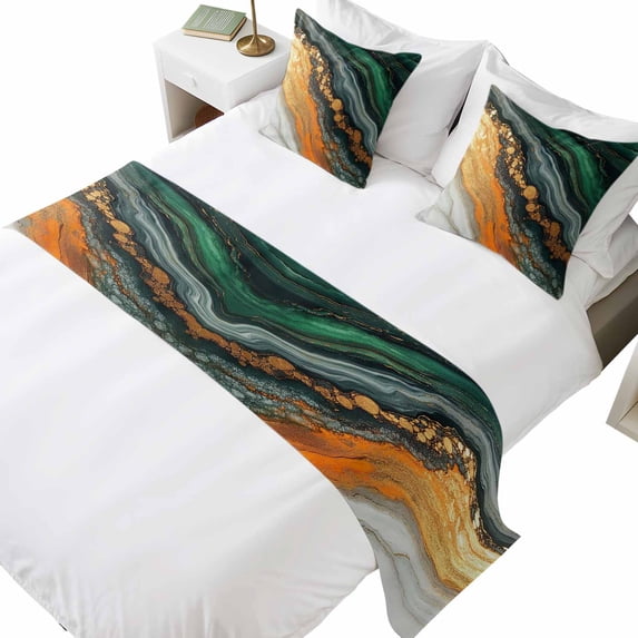 Bed Runner for Cal King Size Bed, Teal Orange Marble 3 Pcs Bedding ...