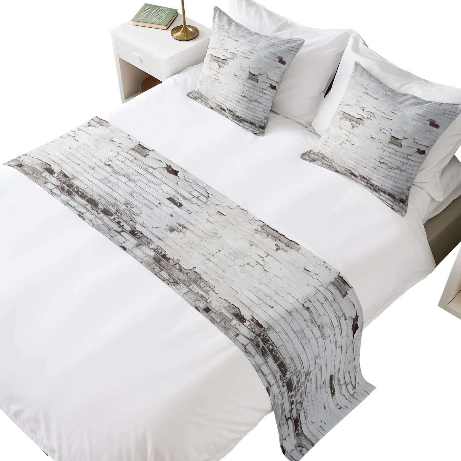 Bed Runner for Cal King Size Bed, White Grey Brick Wall 3 Pcs Bedding ...