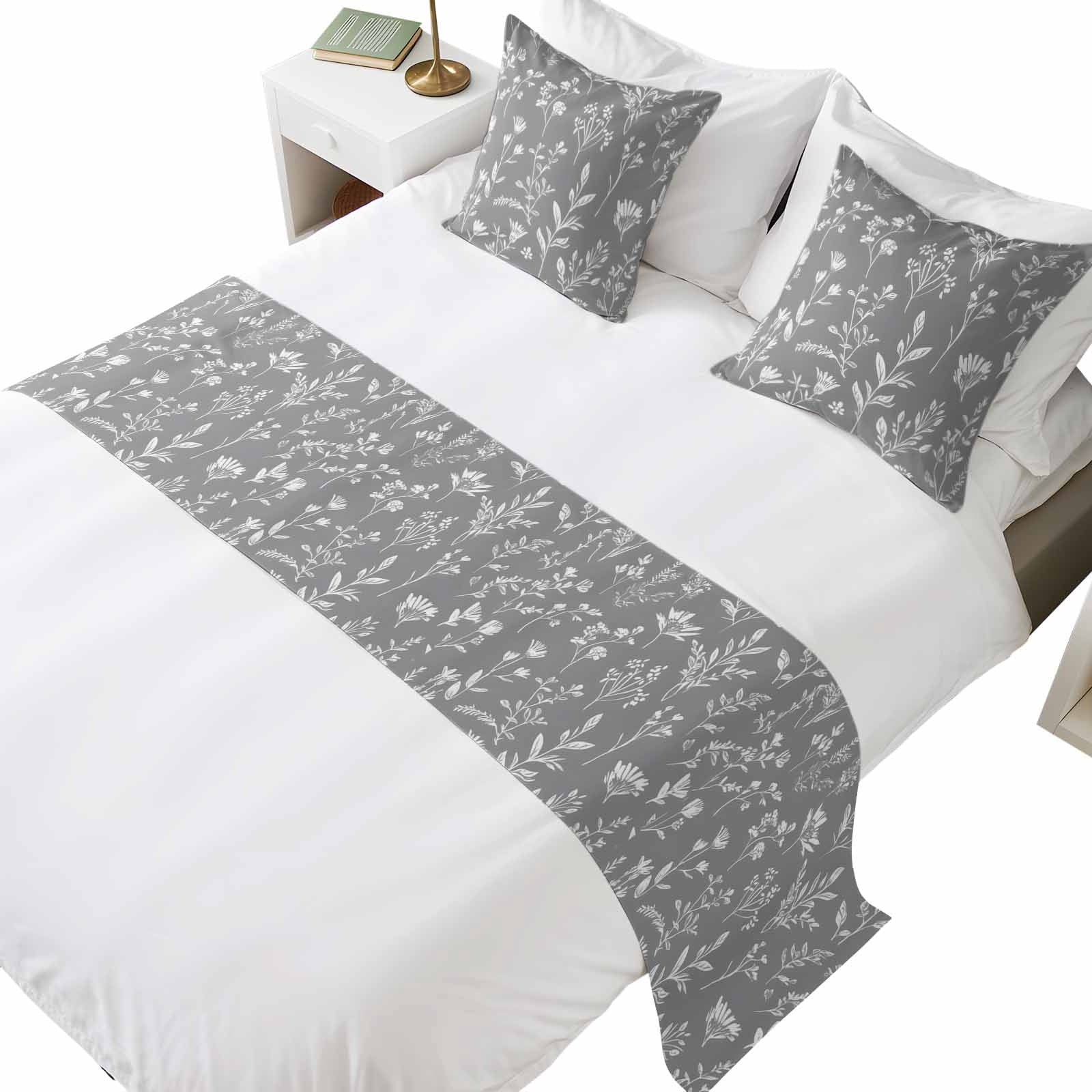 Bed Runner for Cal King Size Bed, White Grey Spring Floral 3 Pcs ...
