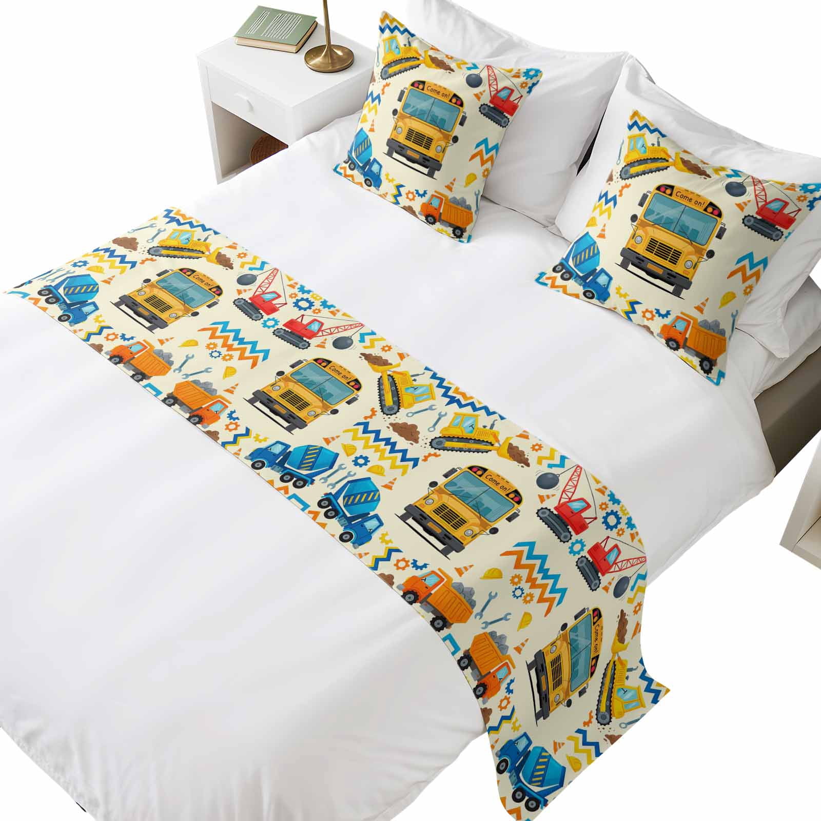 Bed Runner for Cal. King Size Bed, Yellow Cartoon Truck Decorative Beds ...