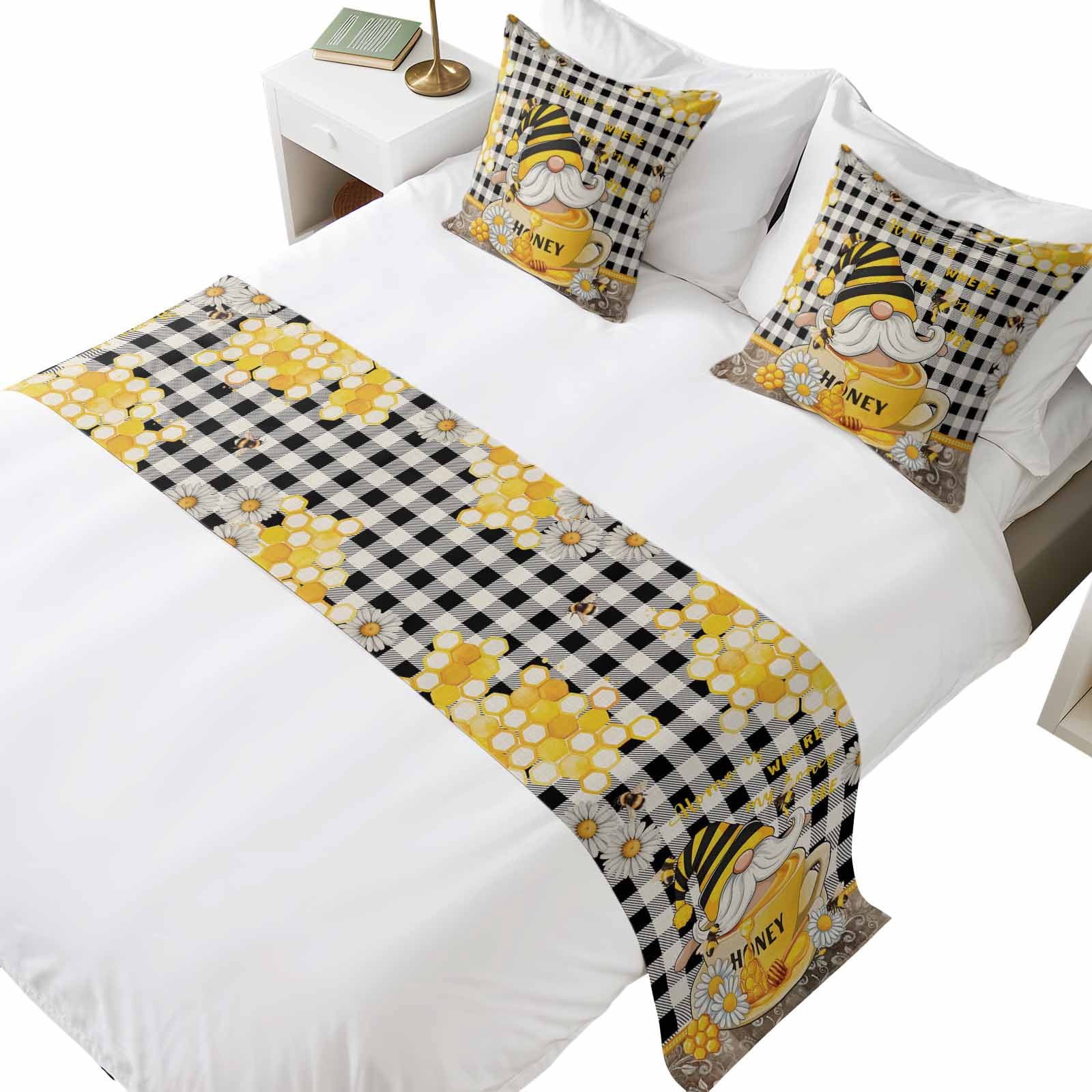 Bed Runner for Cal King Size Bed, Yellow Gnomes 3 Pcs Bedding Runner ...