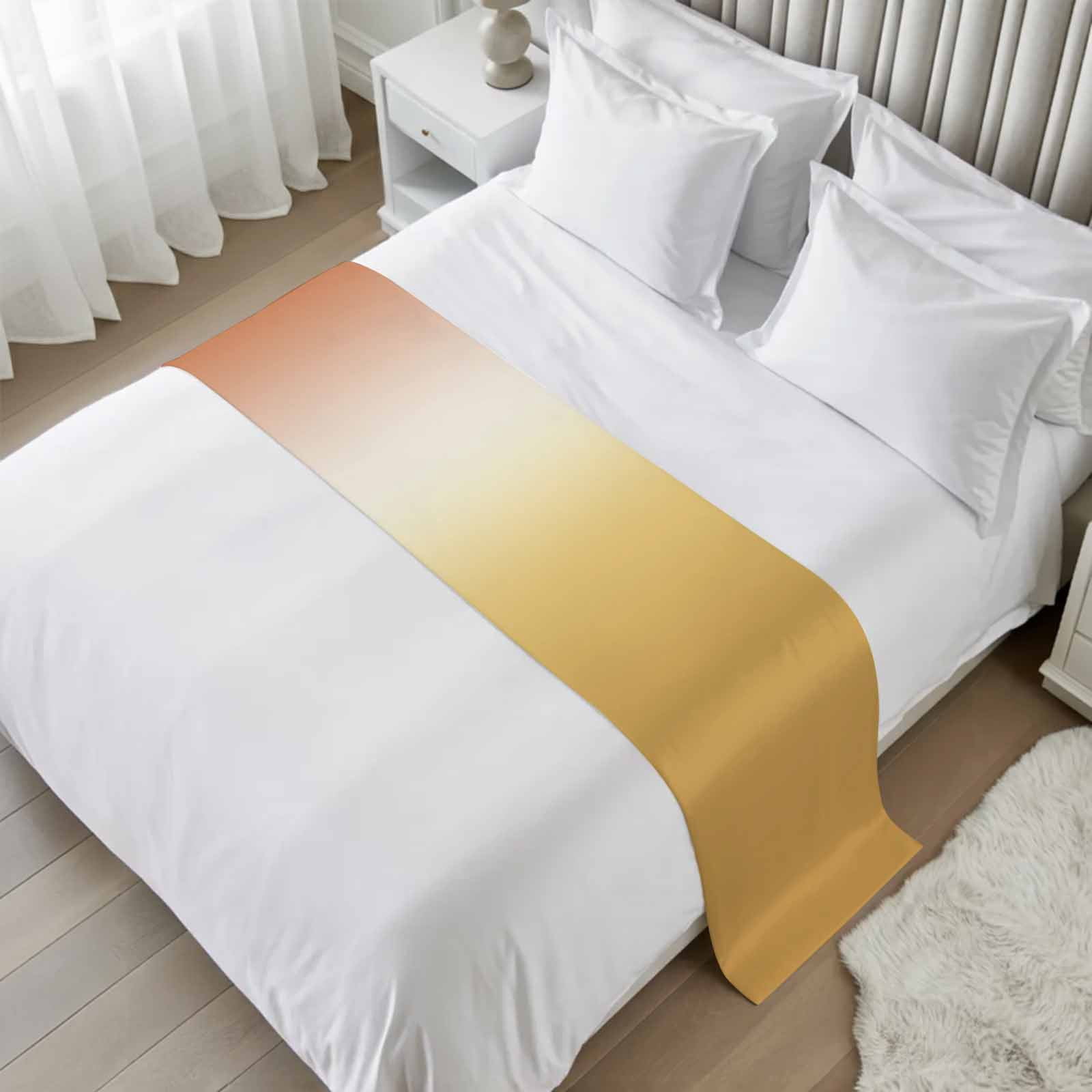 Bed Runner for Cal.King Size, Burnt Orange Yellow Ombre Decorative ...
