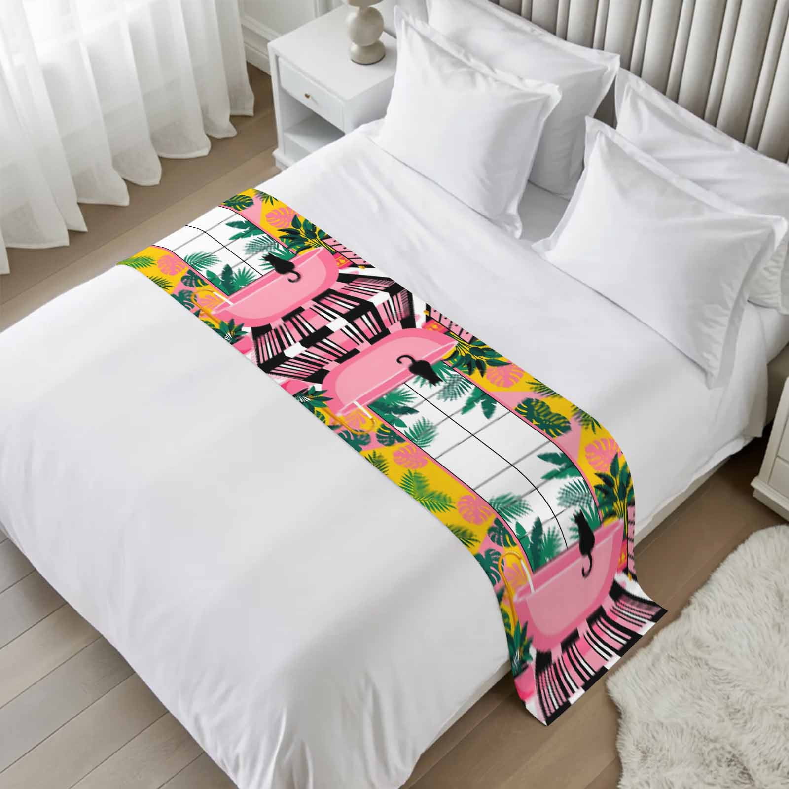 Bed Runner Cat in Tub Bedding Scarves Soft Decorative Bed Flag Pink ...