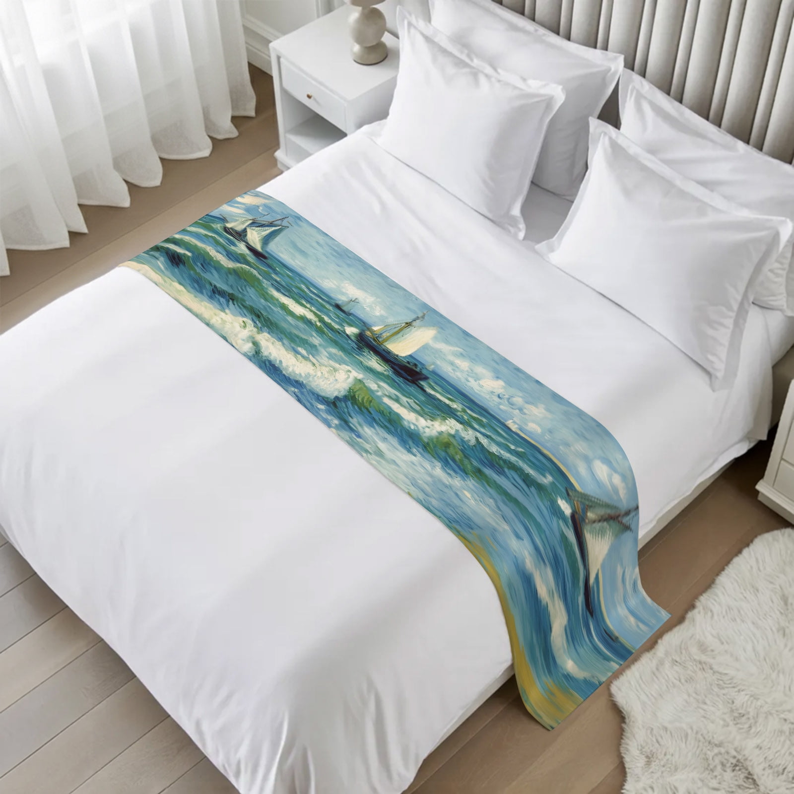 Bed Runner Coastal Sailboat Bedding Scarves Soft Decorative Bed Flag ...