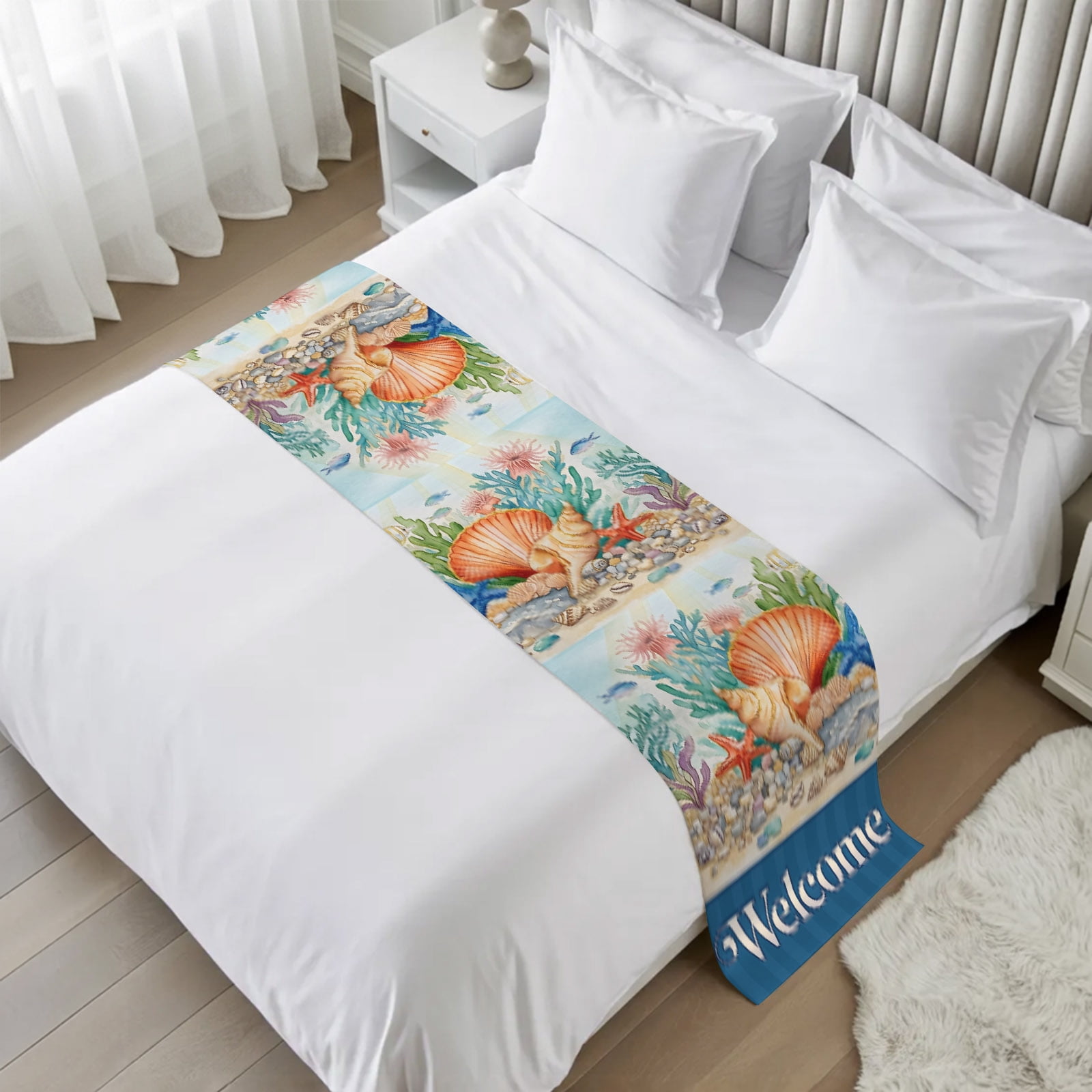 Bed Runner Coastal Shell Starfish Bedding Scarves Soft Decorative Bed ...