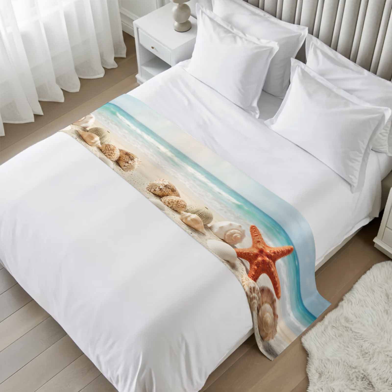Bed Runner Coastal Starfish Shells Bedding Scarves Soft Decorative Bed ...