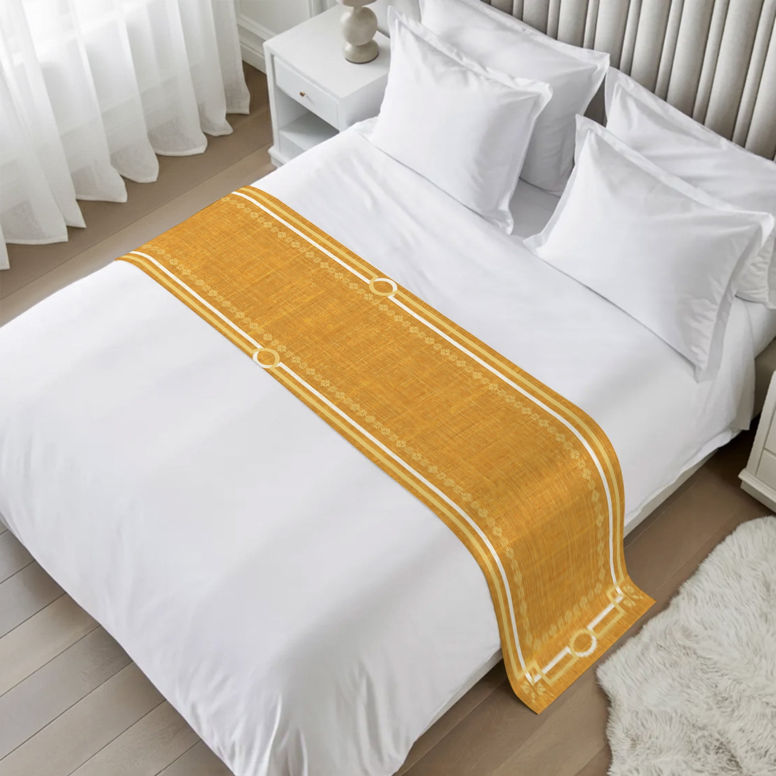 Bed Runner Ginger Yellow Linen Border Bedding Scarves Soft Decorative ...