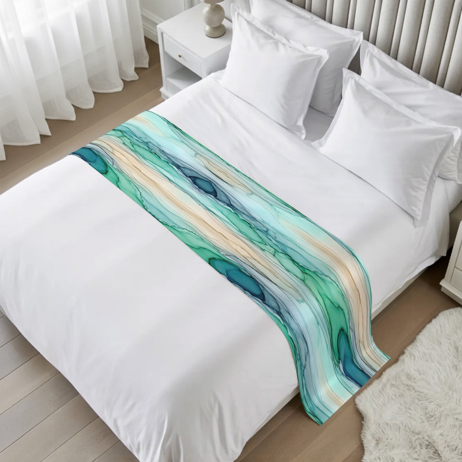 Bed Runner Green Beige Marble Veins Bedding Scarves Soft Decorative Bed ...