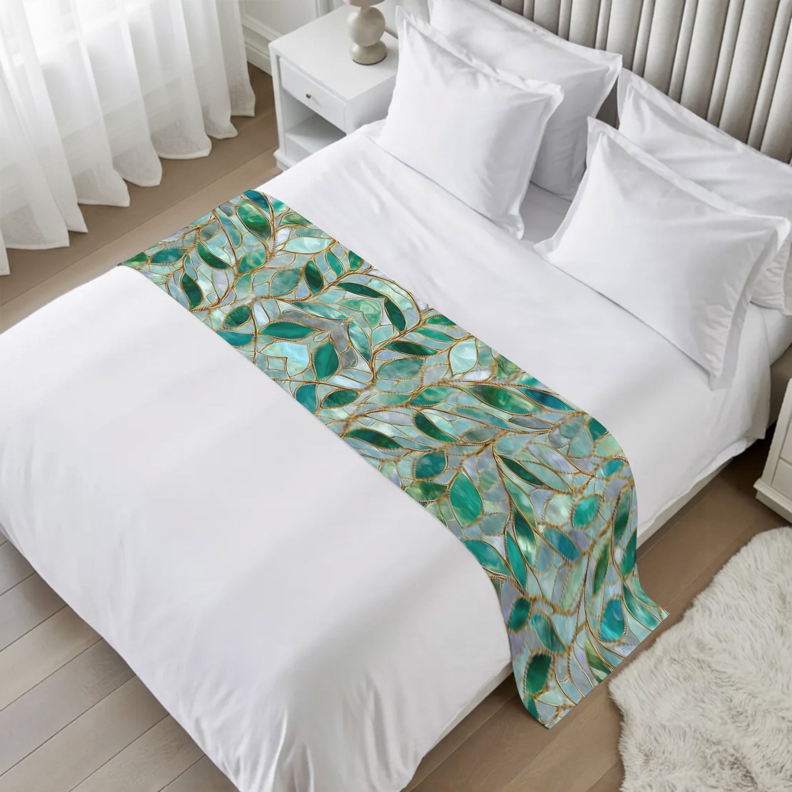 Bed Runner Green Leaves Stained Glass Bedding Scarves Soft Decorative ...