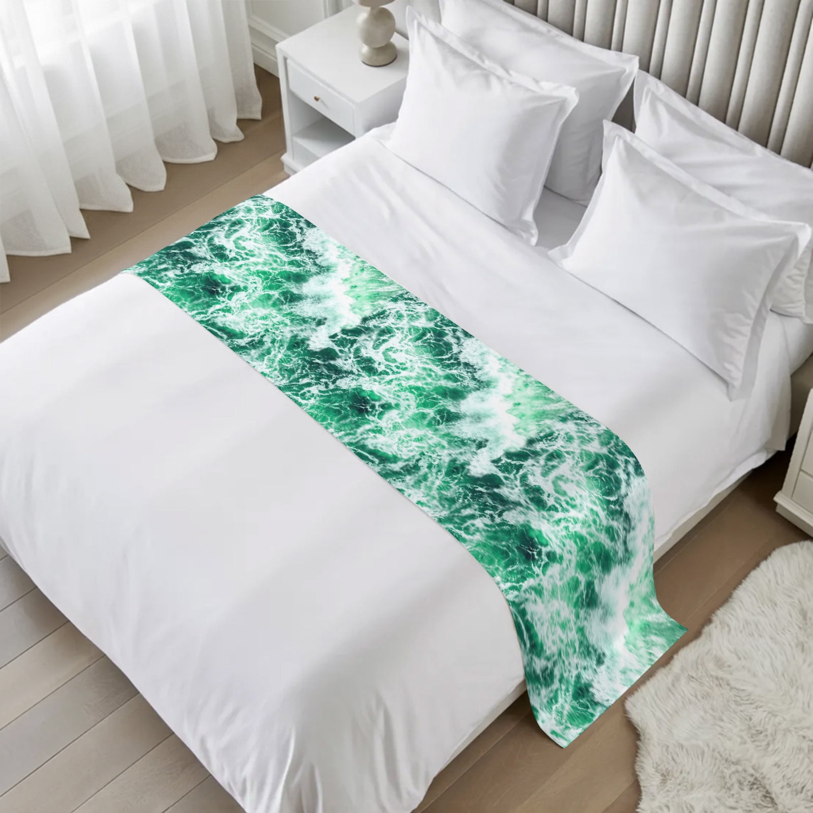 Bed Runner Green Ocean Waves Bedding Scarves Soft Decorative Bed Flag ...