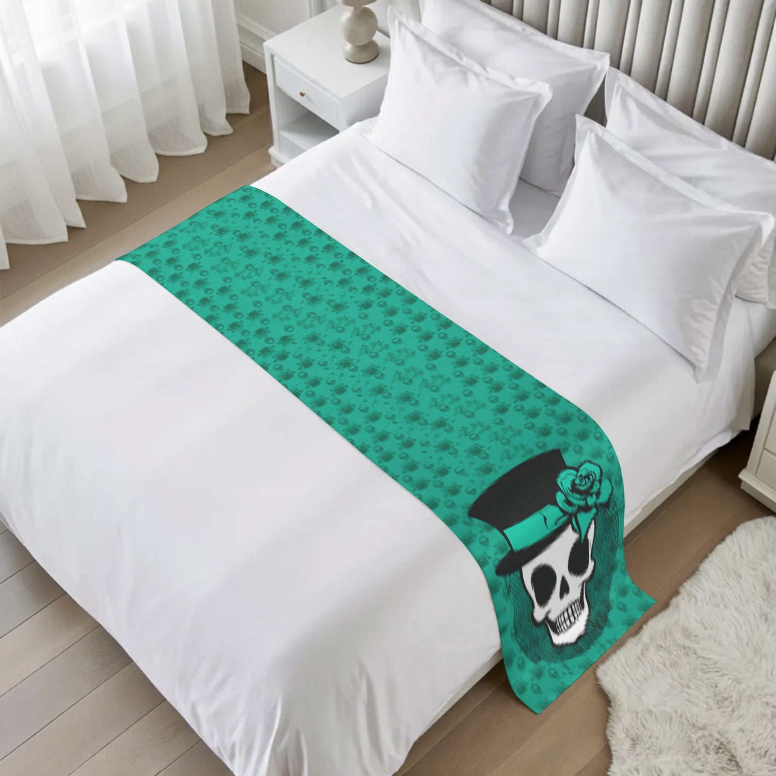 Bed Runner Green Rose Top Hat Skull Bedding Scarves Soft Decorative Bed ...