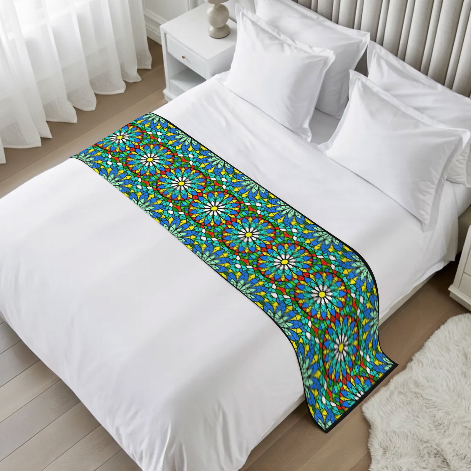 Bed Runner Green Stained Glass Flower Bedding Scarves Soft Decorative ...