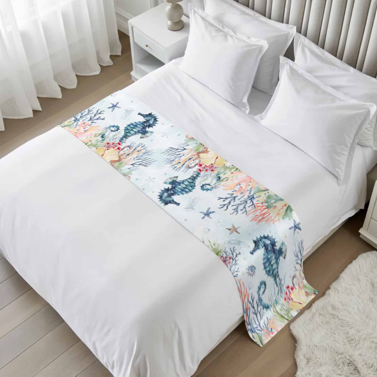 Bed Runner Hippocampus Bedding Scarves Soft Decorative Bed Flag Ocean ...