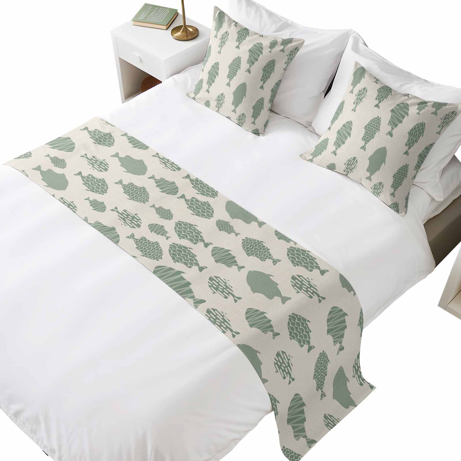Bed Runner for King Size Bed, Abstract Art Fish Green Decorative Beds ...