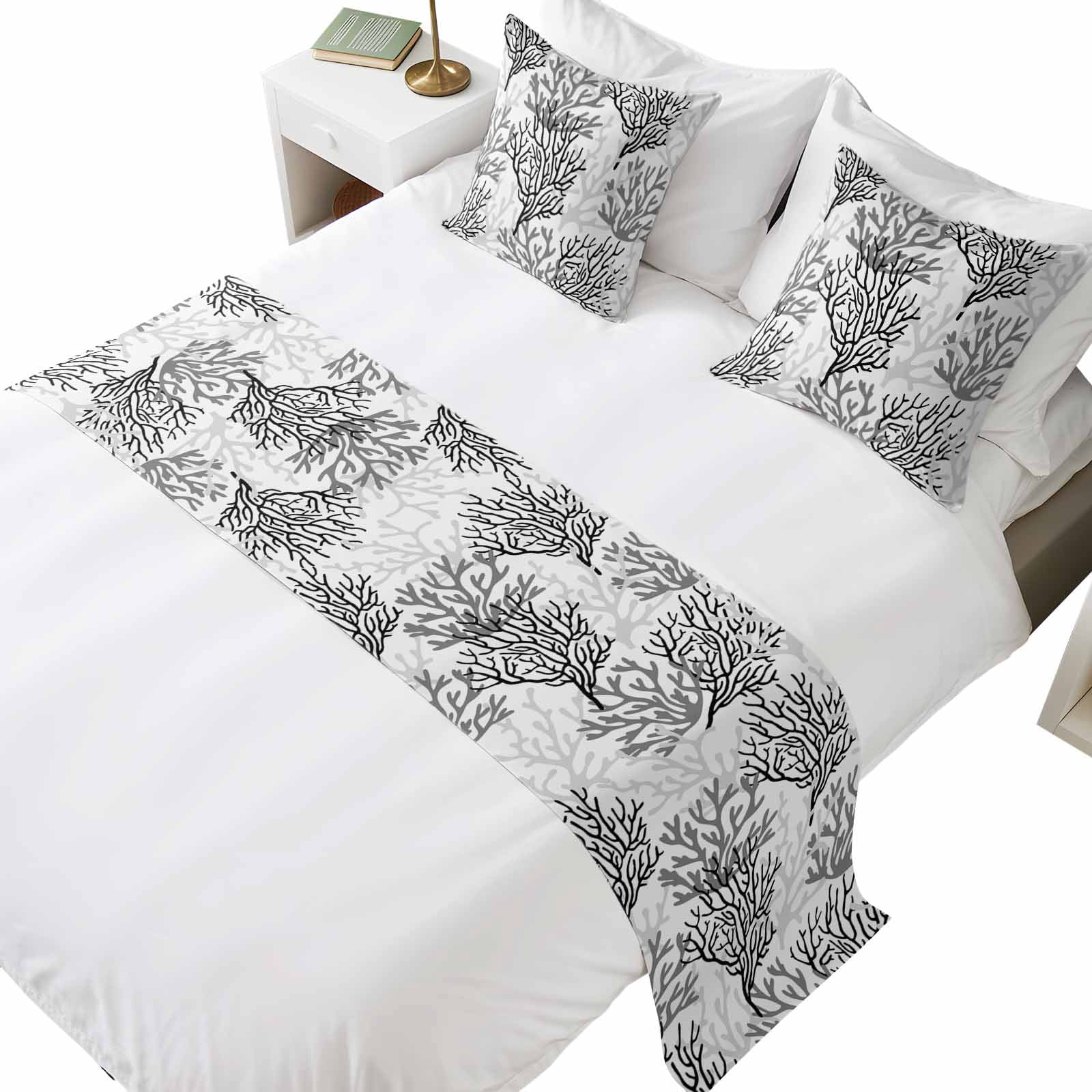 Bed Runner for King Size Bed, Black Gray Coral Coastal 3 Pcs Bedding ...