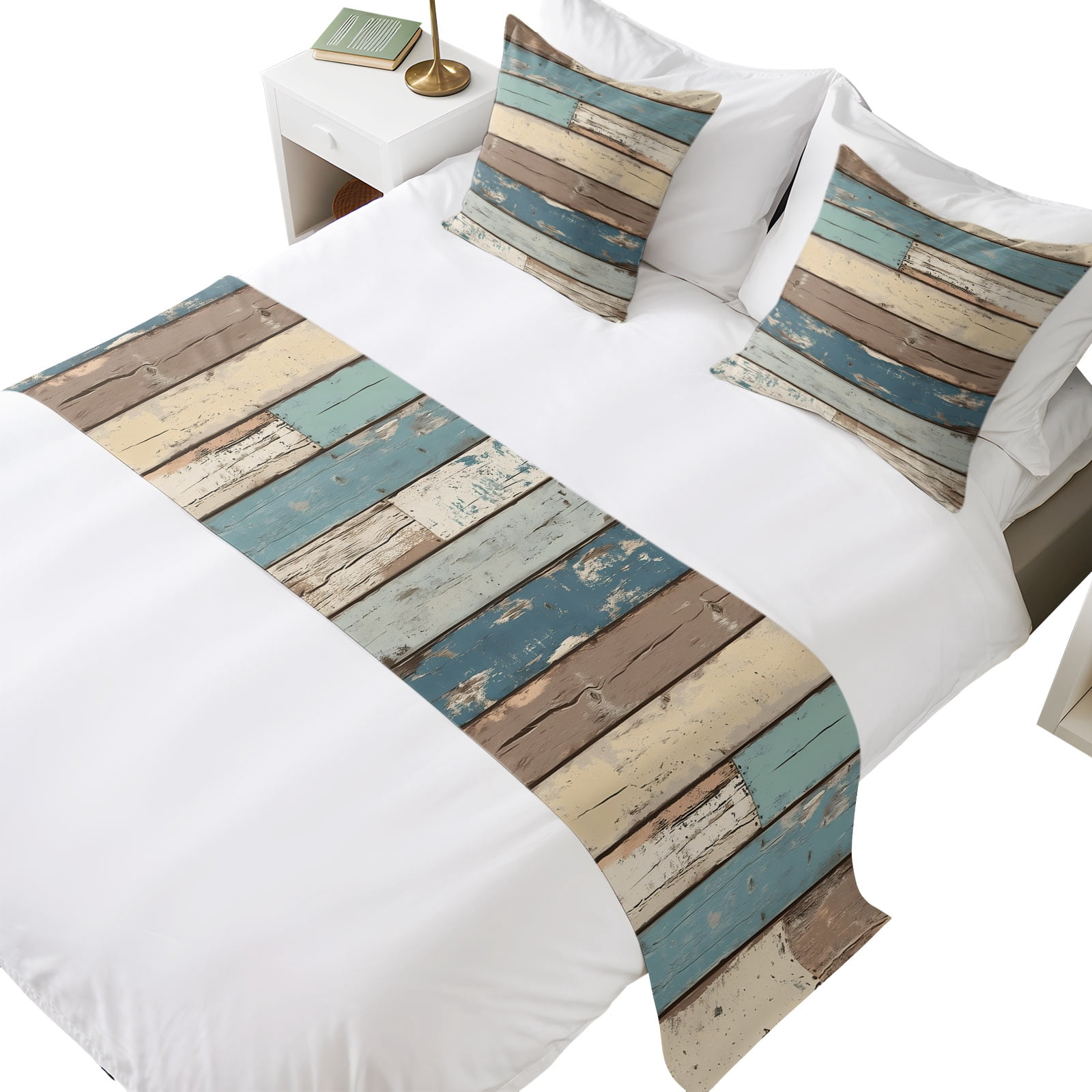 Bed Runner for King Size Bed, Blue Brown Beige Farmhouse 3 Pcs Bedding ...
