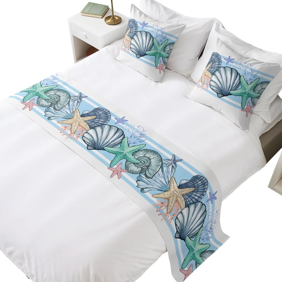 Bed Runner for King Size Bed, Blue Coastal 3 Pcs Bedding Runner Set - 1 ...