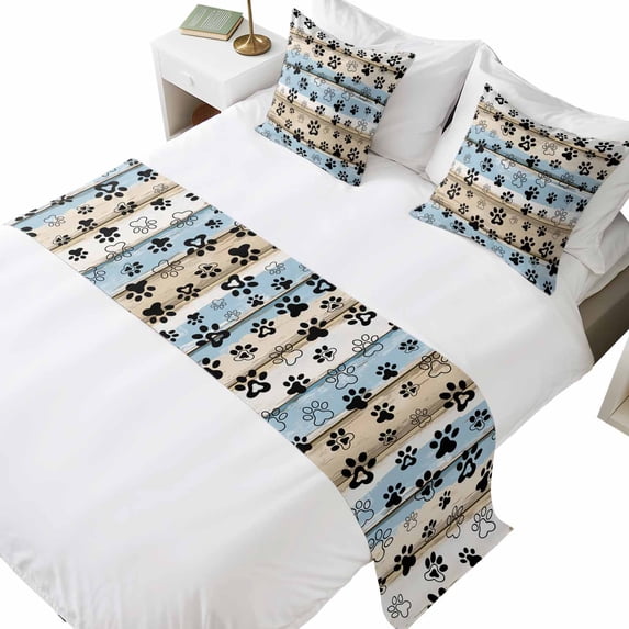 Bed Runner for King Size Bed, Blue Dog Paw Print 3 Pcs Bedding Runner ...