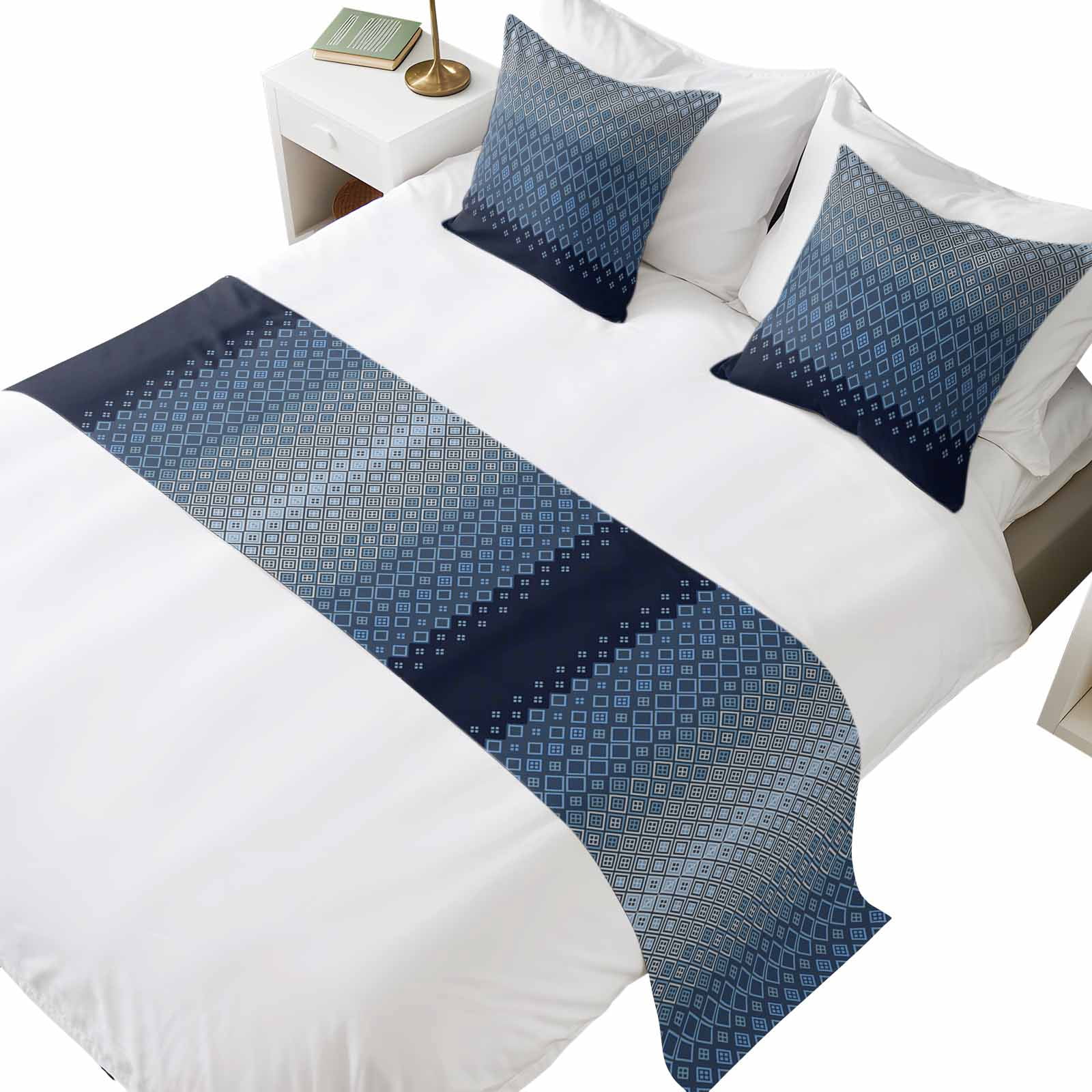 Bed Runner for King Size Bed, Blue Grey Ombre Geometric 3 Pcs Bedding ...