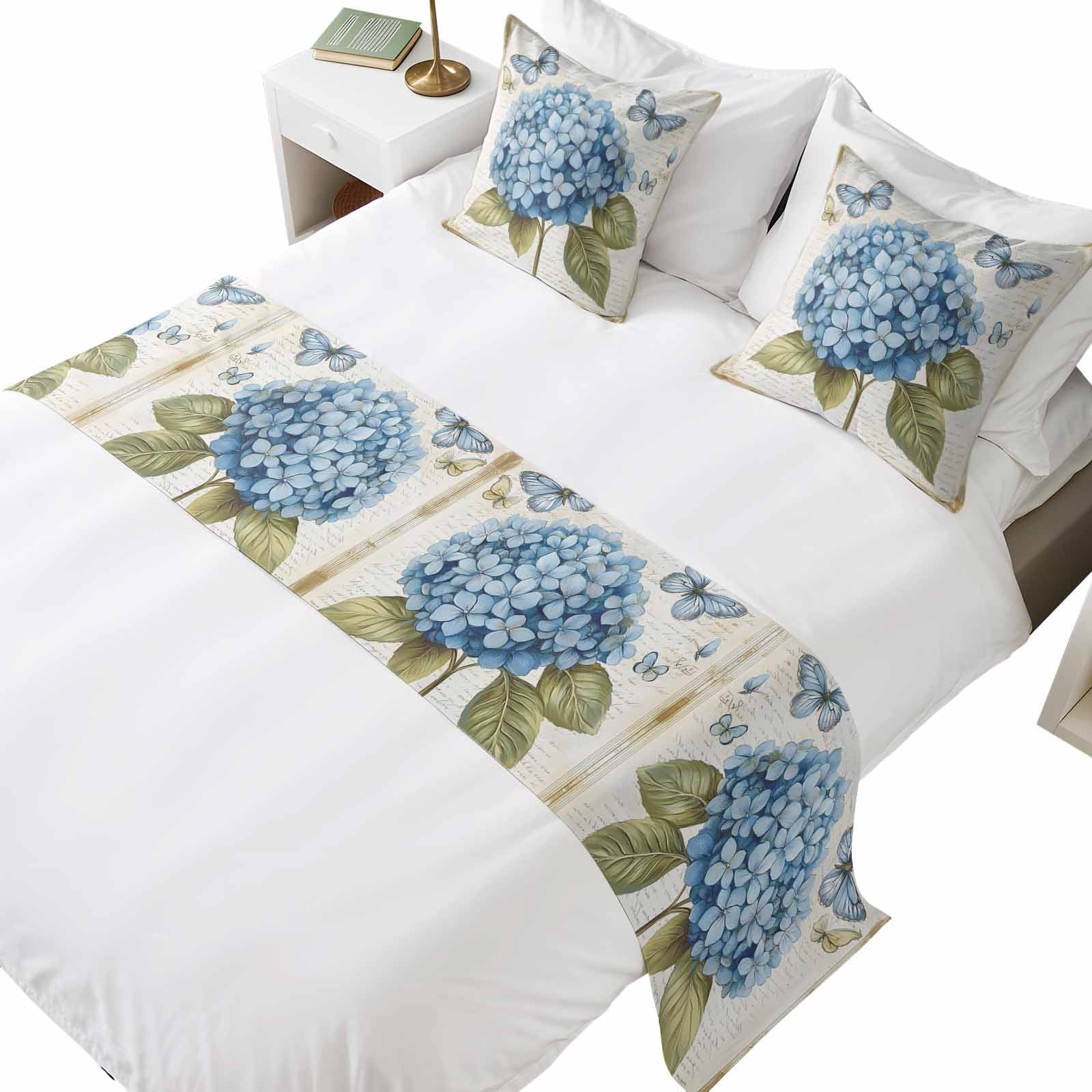 Bed Runner for King Size Bed, Blue Hydrangea 3 Pcs Bedding Runner Set ...