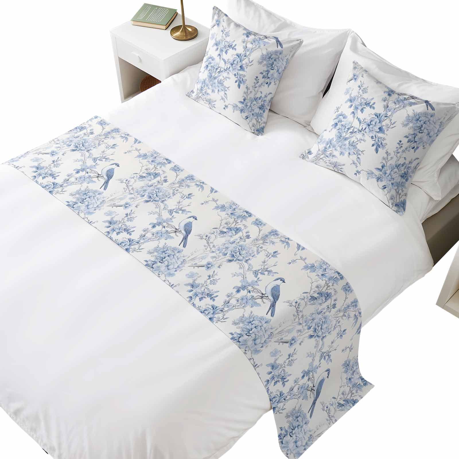 Bed Runner for King Size Bed, Blue White Flowers 3 Pcs Bedding Runner ...