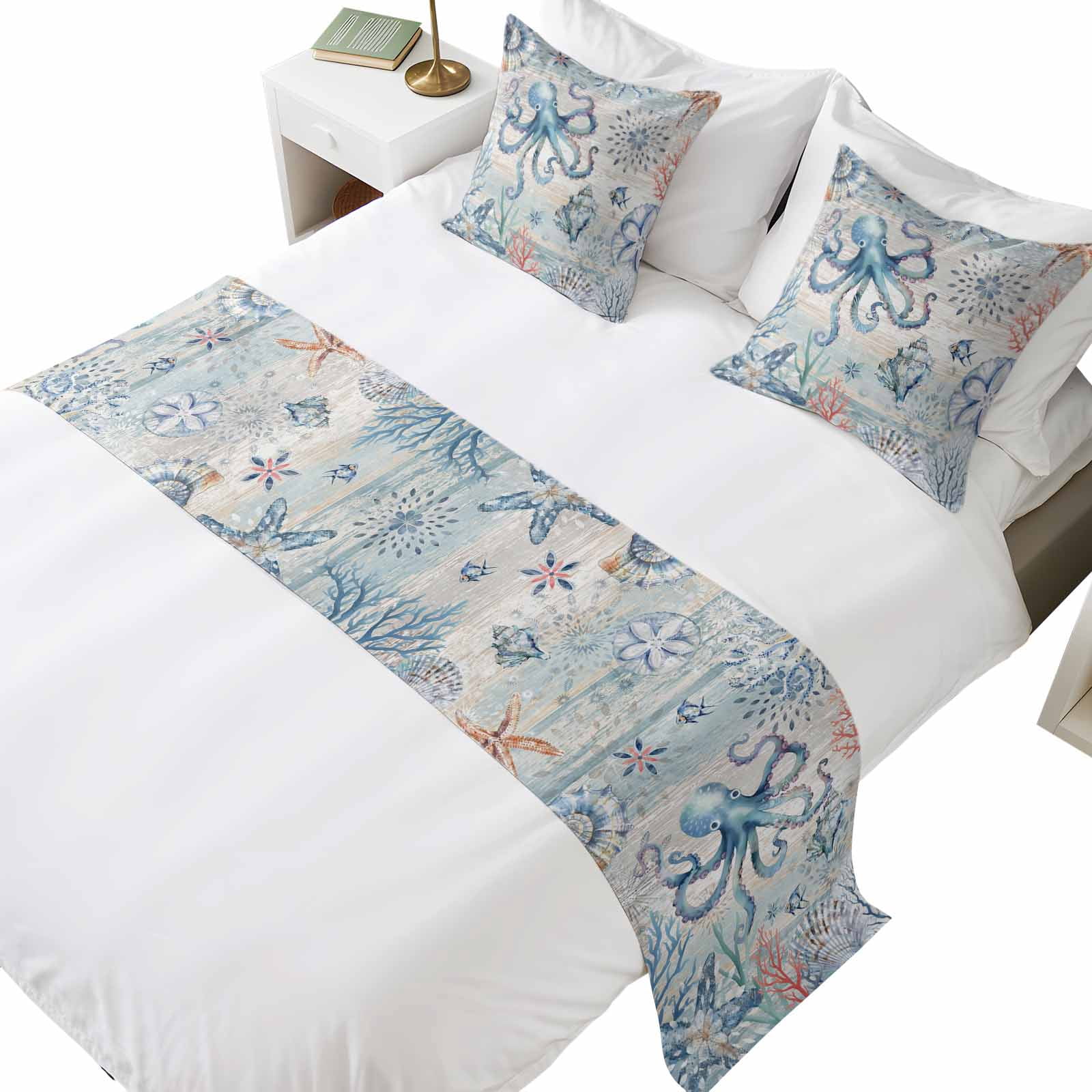 Bed Runner for King Size Bed, Coastal Octopus Decorative Beds Runners ...