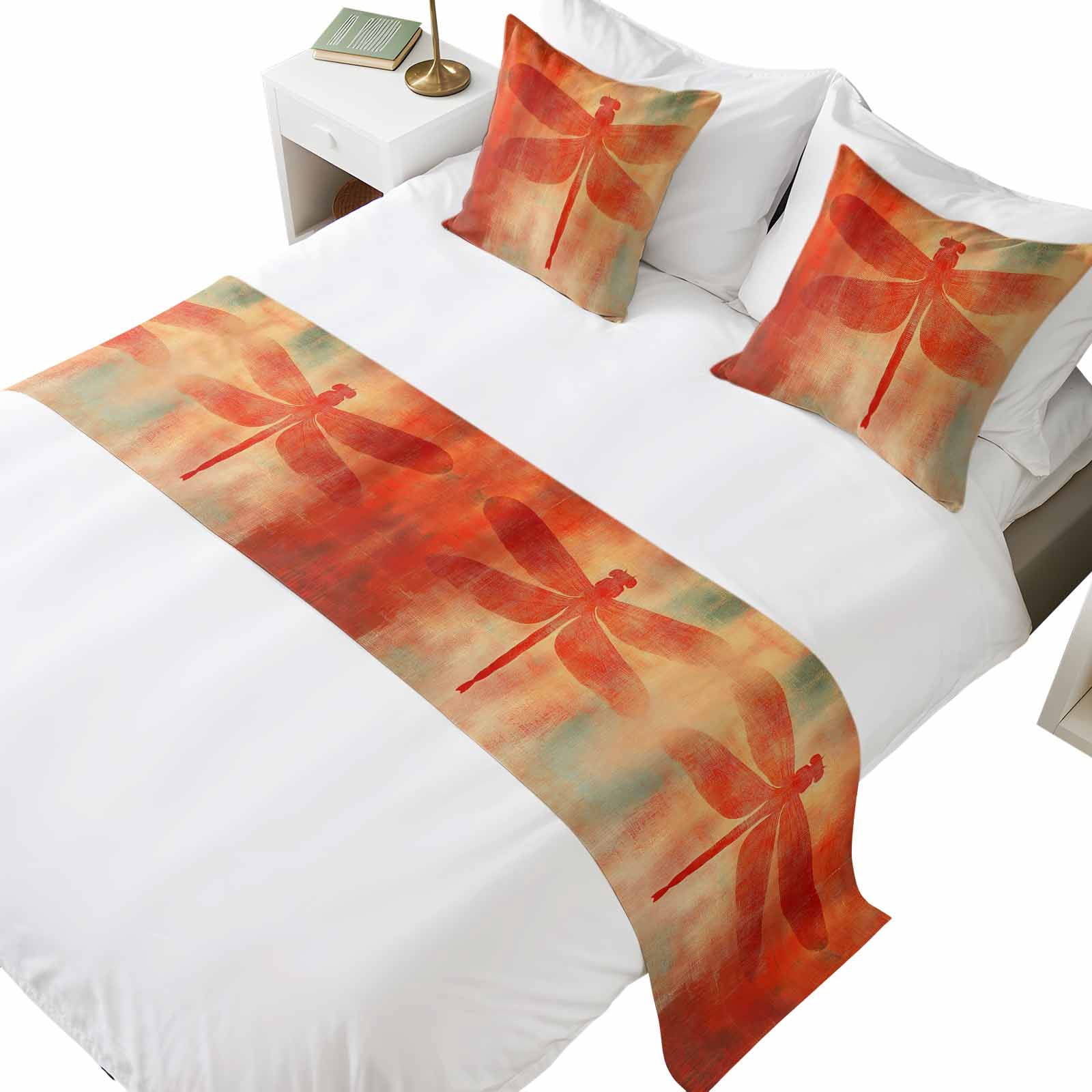 Bed Runner for King Size Bed, Dragonfly Orange 3 Pcs Bedding Runner Set ...