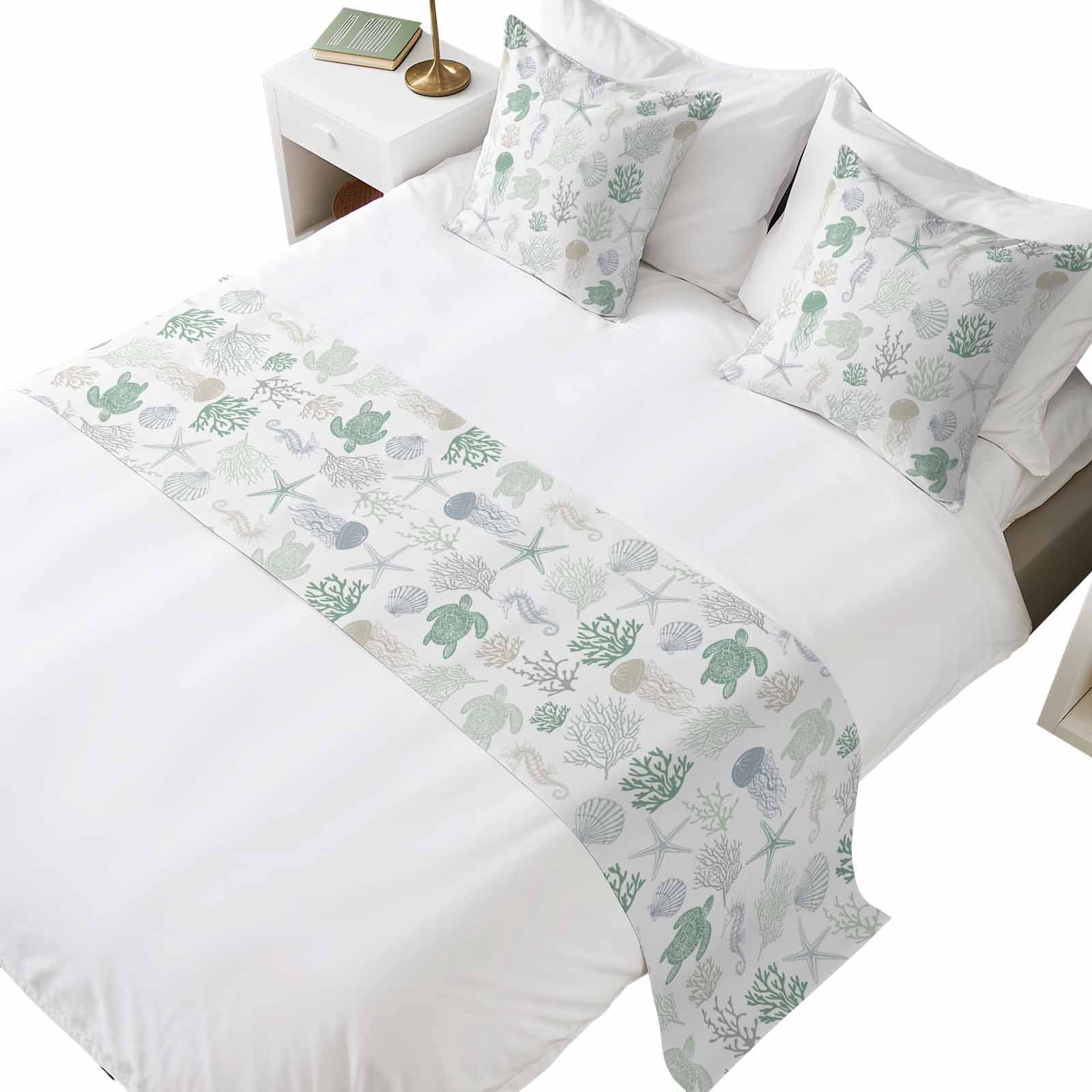 Bed Runner for King Size Bed, Green Coastal 3 Pcs Bedding Runner Set ...