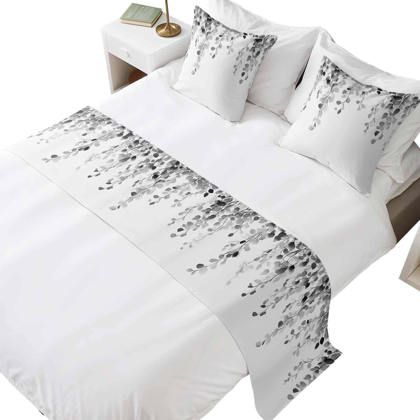 Bed Runner for King Size Bed, Grey Eucalyptus Leaves Decorative Beds ...