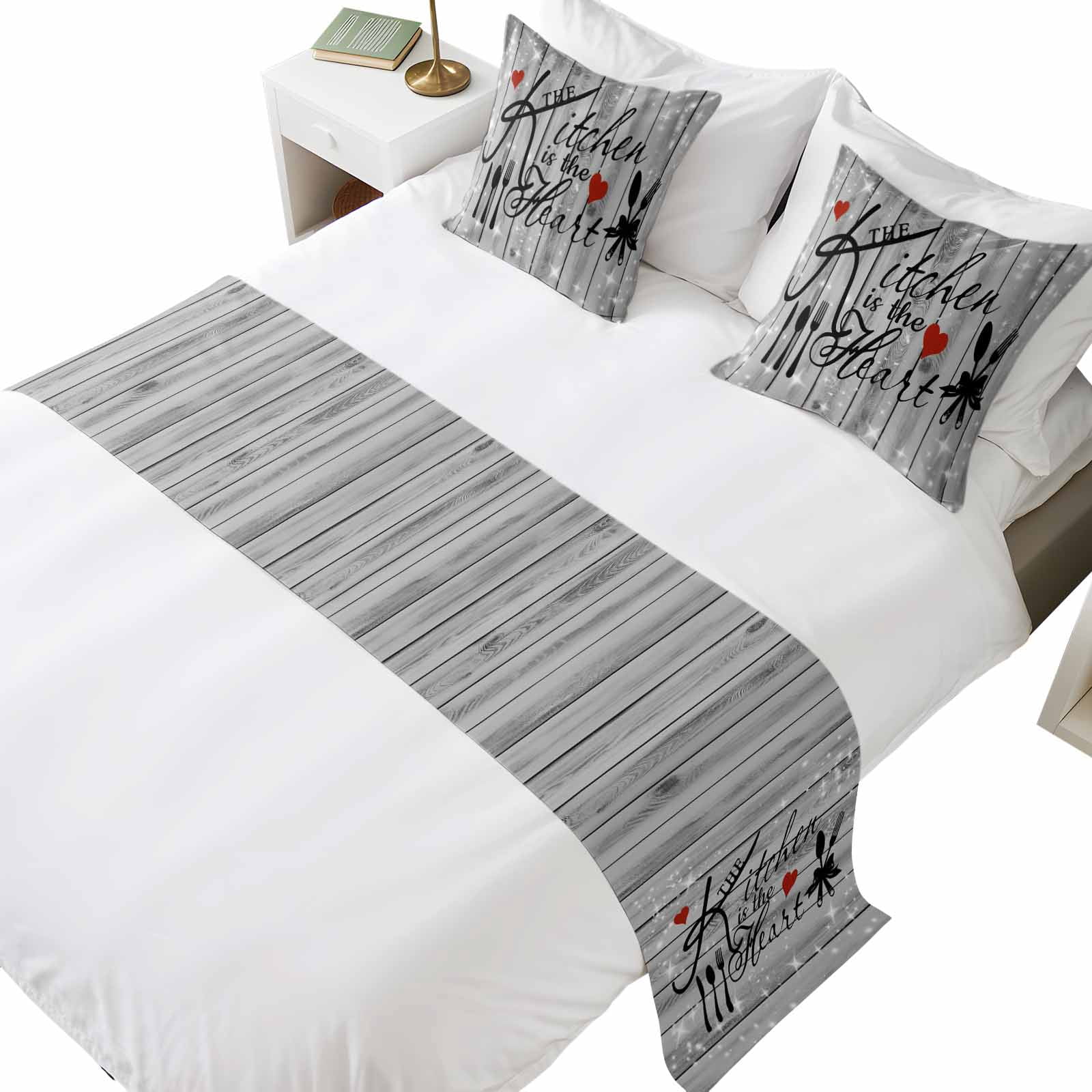 Bed Runner for King Size Bed, Grey Kitchen Knife Fork 3 Pcs Bedding ...