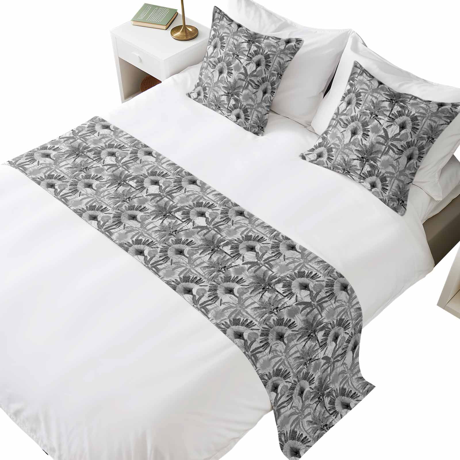 Bed Runner for King Size Bed, Grey Tropical Leaves 3 Pcs Bedding Runner ...