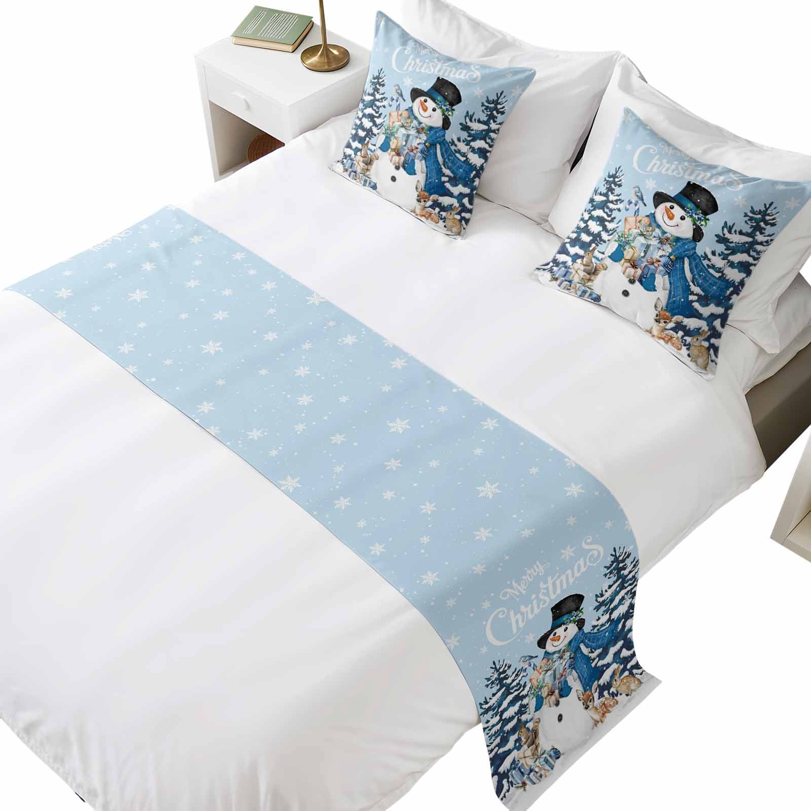 Bed Runner for King Size Bed, Light Blue Christmas Snowman Decorative ...