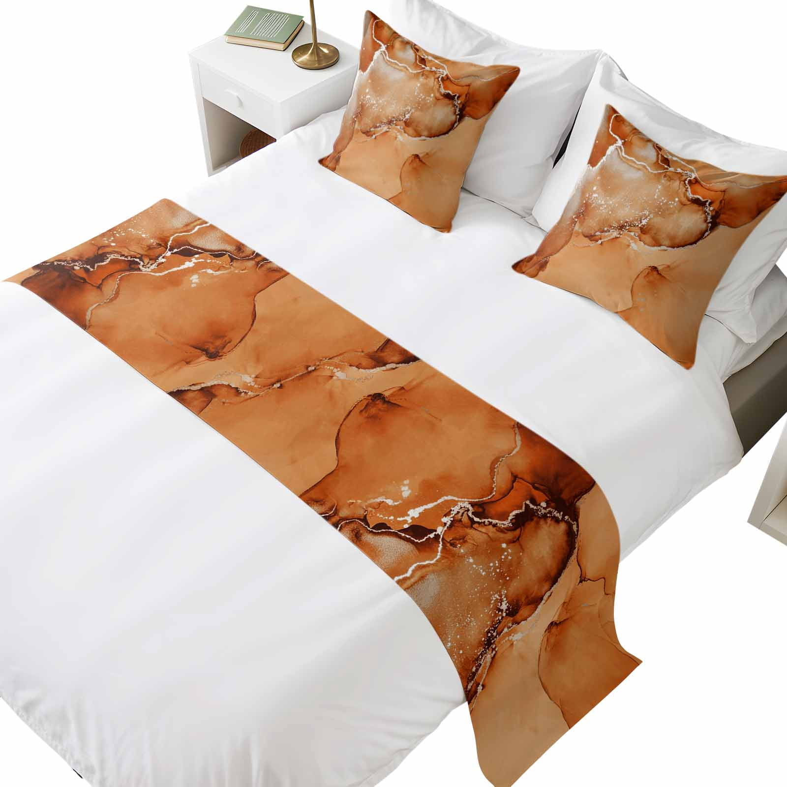 Bed Runner for King Size Bed, Marble Burnt Orange 3 Pcs Bedding Runner ...