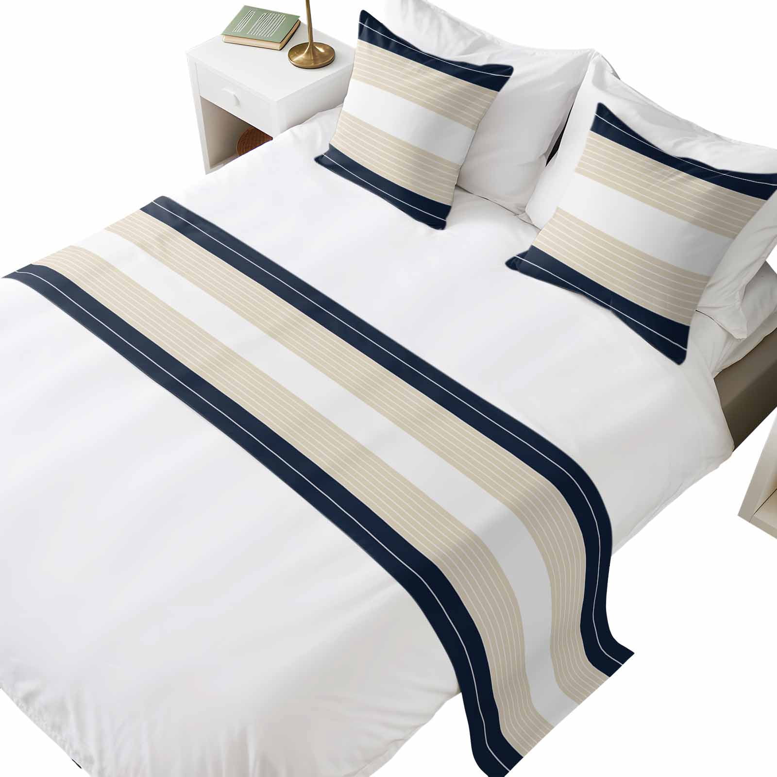 Bed Runner for King Size Bed, Navy Beige Striped 3 Pcs Bedding Runner ...