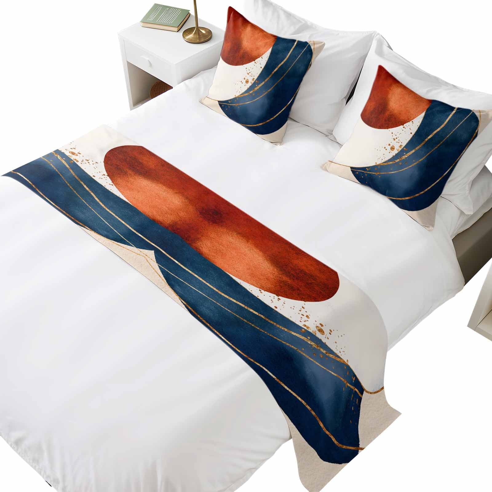 Bed Runner for King Size Bed, Navy Blue Burnt Orange 3 Pcs Bedding ...