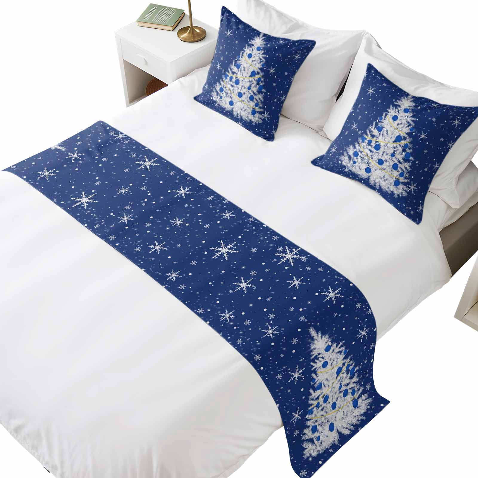 Bed Runner for King Size Bed, Navy Blue Christmas Tree Decorative Beds ...