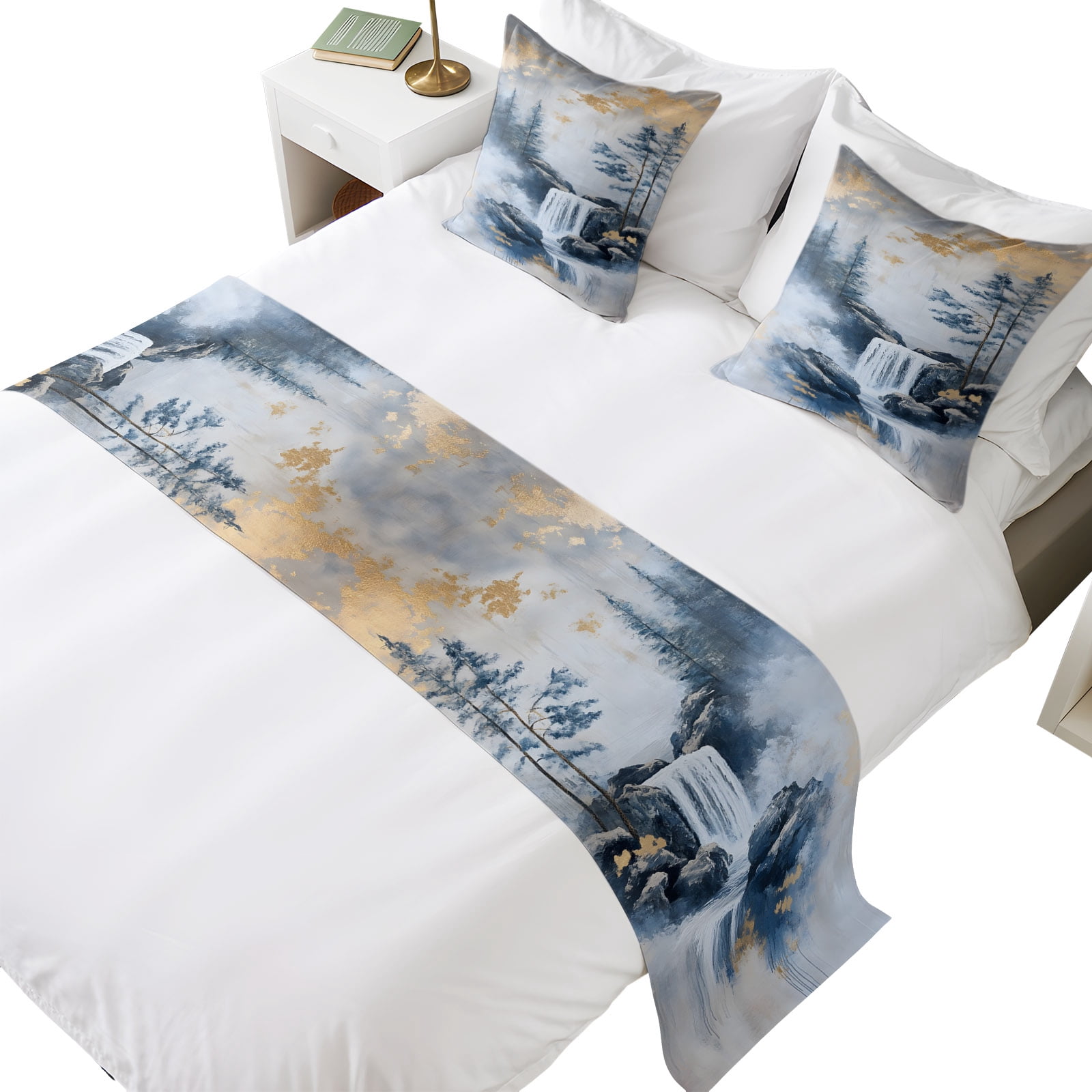 Bed Runner for King Size Bed, Navy Blue Mountain 3 Pcs Bedding Runner ...