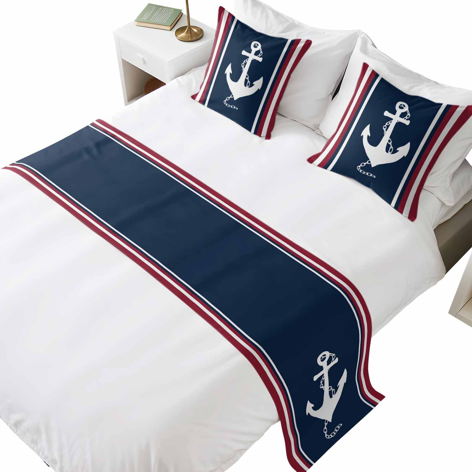 Bed Runner for King Size Bed, Navy Blue Red Stripe 3 Pcs Bedding Runner ...