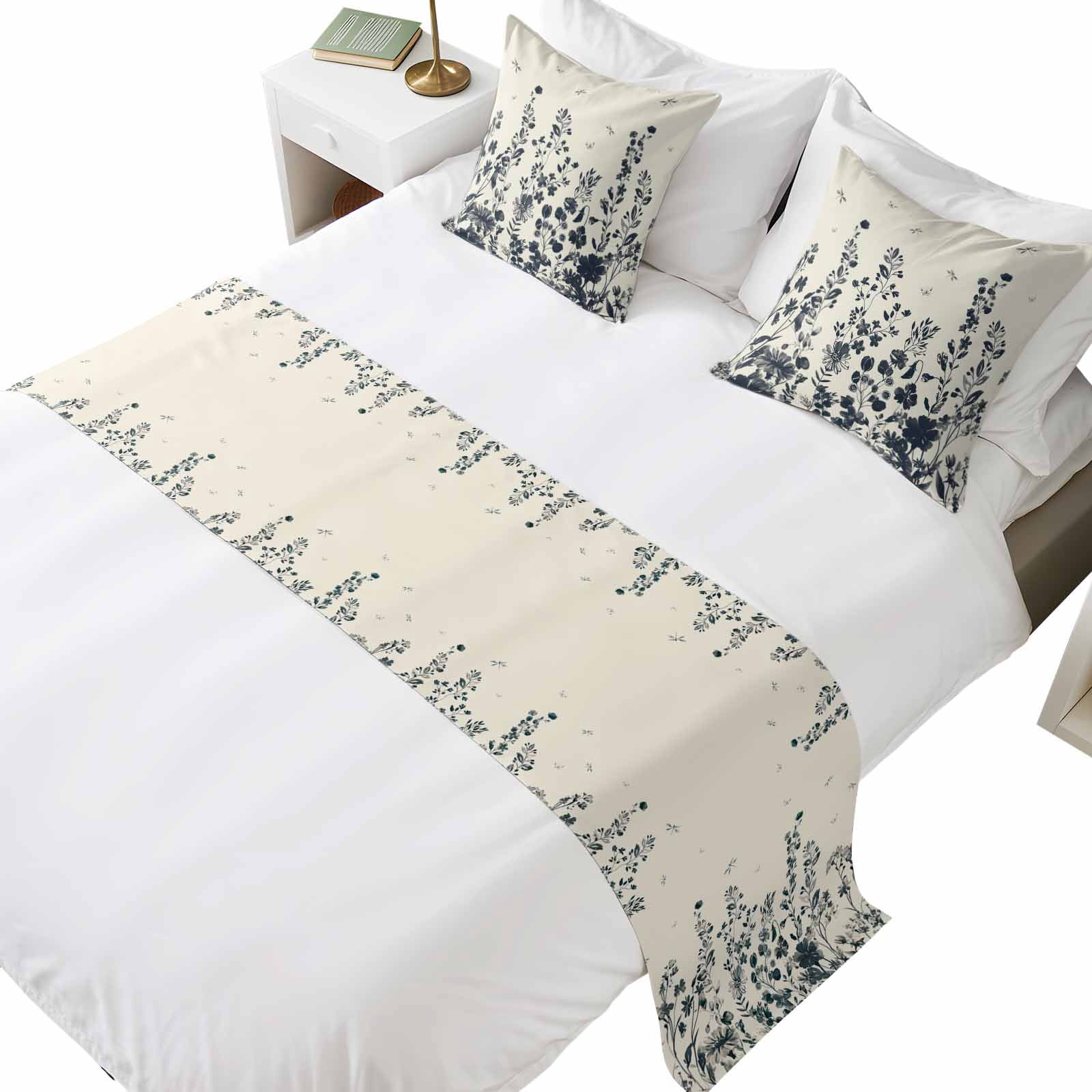 Bed Runner for King Size Bed, Navy Botanical 3 Pcs Bedding Runner Set ...