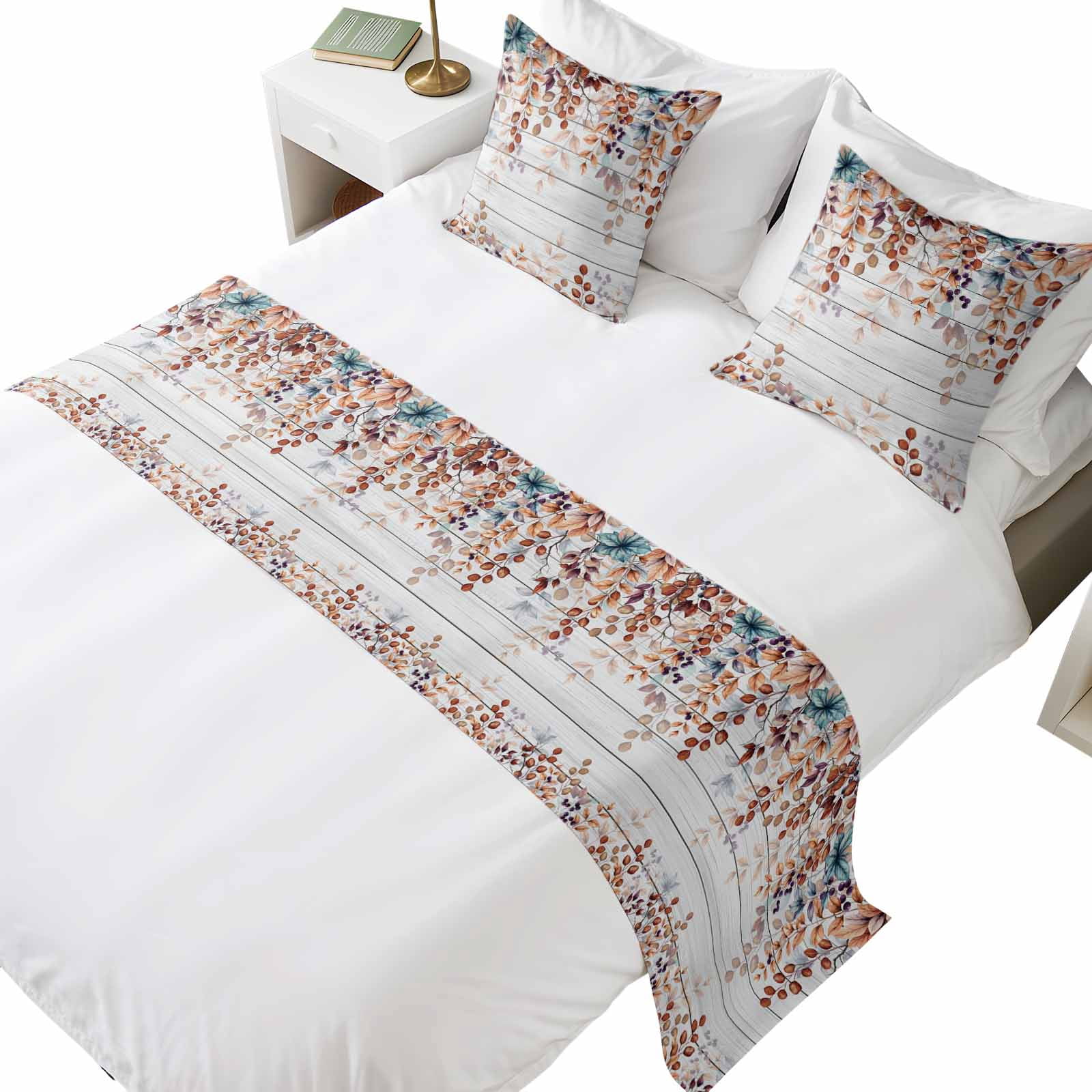 Bed Runner for King Size Bed, Orange Brown Eucalyptus Leaves 3 Pcs ...